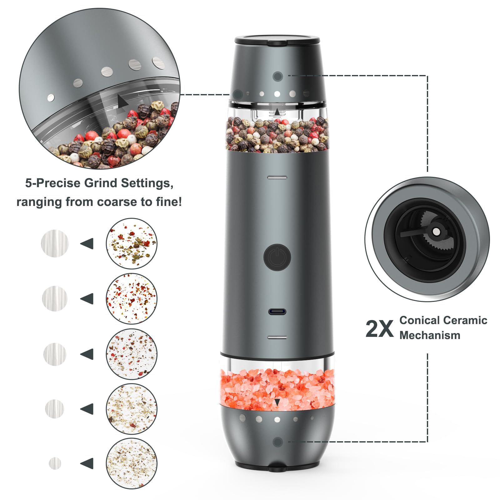 Electric Salt and Pepper Grinder 2 In 1 Duel Heads Grinding, Type-C Rechargeable, One Button Operation & Gravity, Automatic Salt Pepper Mills with Ceramic Grinding Teeth, 5-Precise Grind Settings