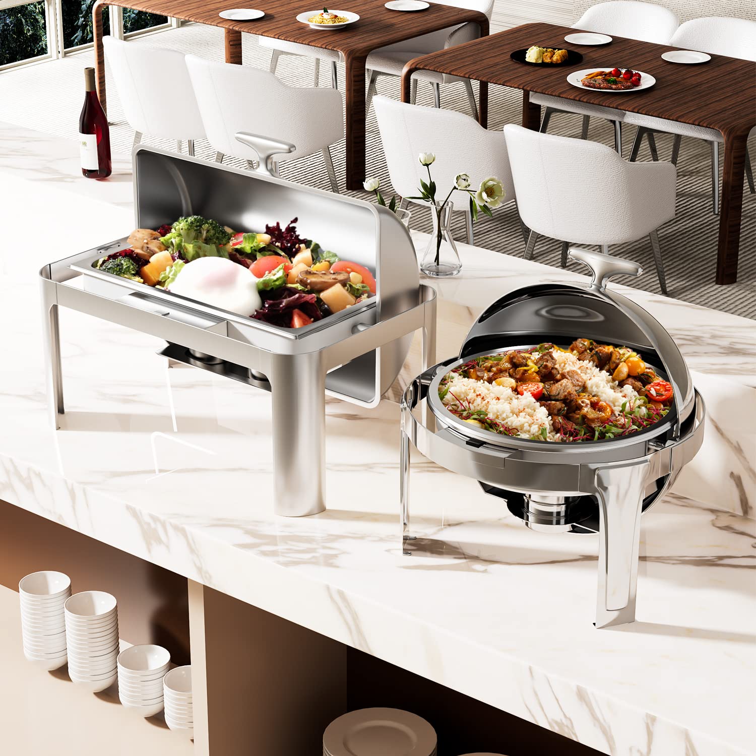 Halamine Roll Top Chafing Dish Buffet Set, 6 Quart Round Stainless Steel Chafer for Catering, Buffet Servers and Warmers for Parties Catering Event Wedding, Banquet, Events, Graduation