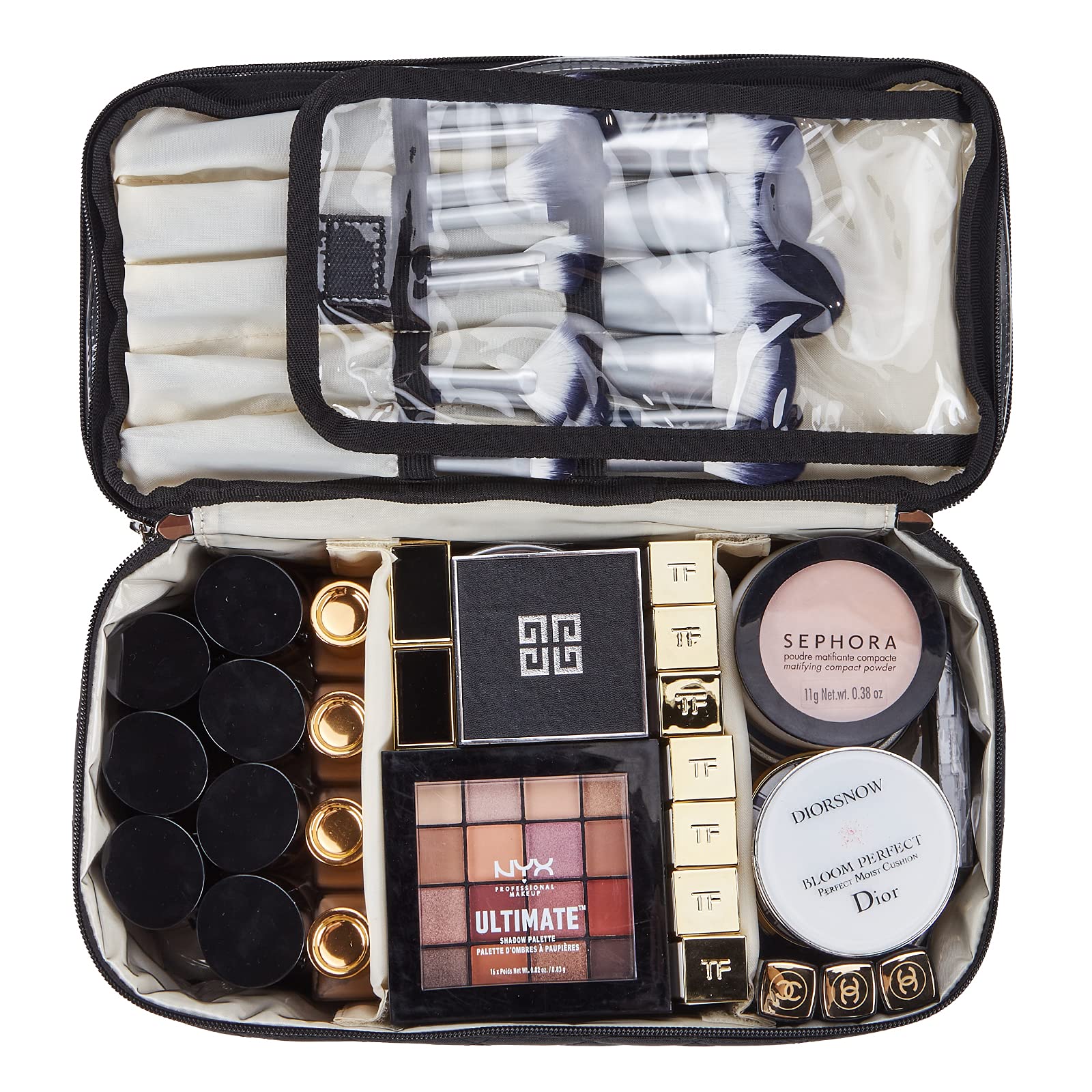 FINDCOZY Double Layer Makeup Bag, Large Cosmetic Case for Women, Make Up Organizer for Brushes, Beauty, Eyeshadow Palette, Lipstick (Black, Clear top)