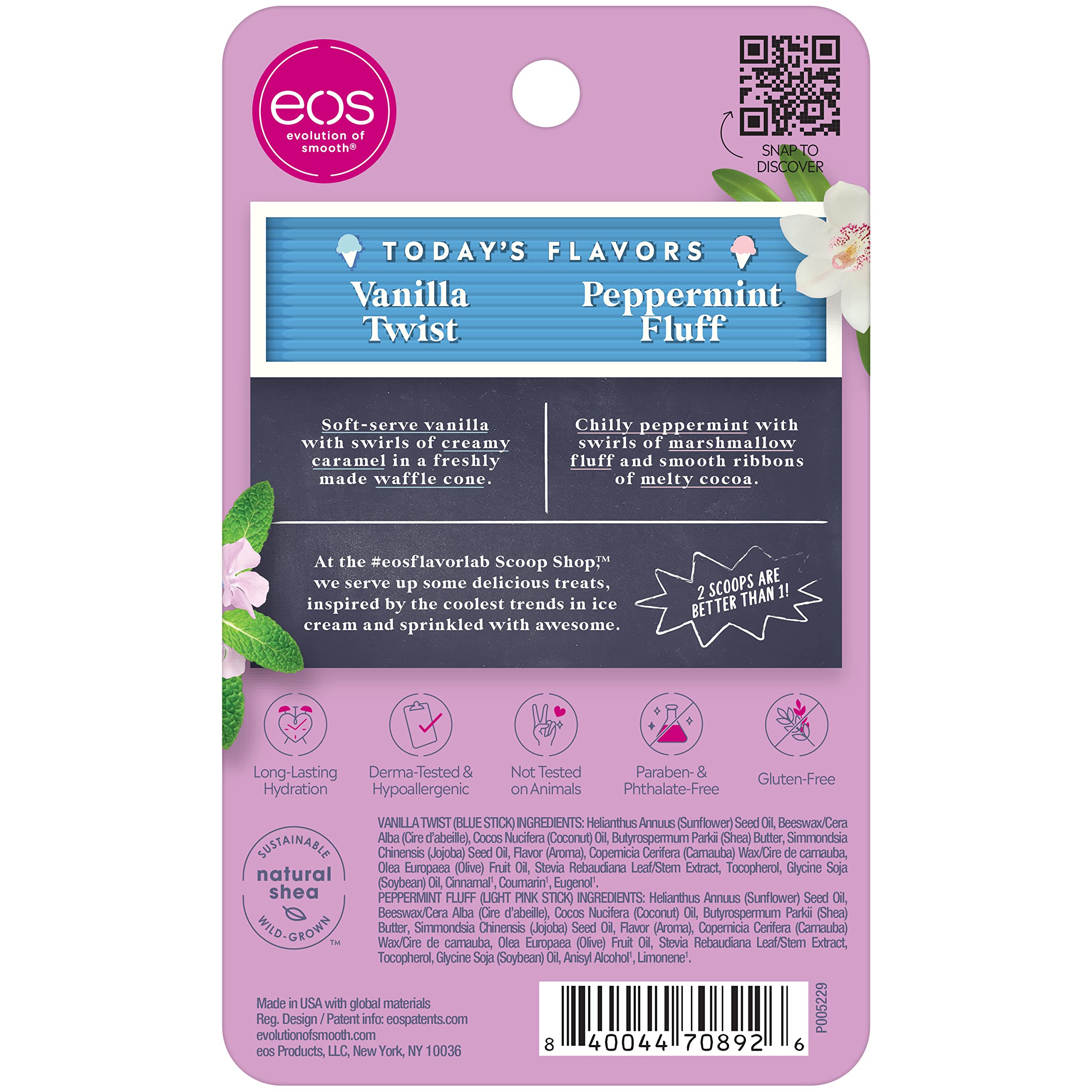 eos flavorlab Lip Balm - Vanilla Twist & Peppermint Fluff | Long-Lasting Hydration | 2-Pack Stick | 0.14 oz