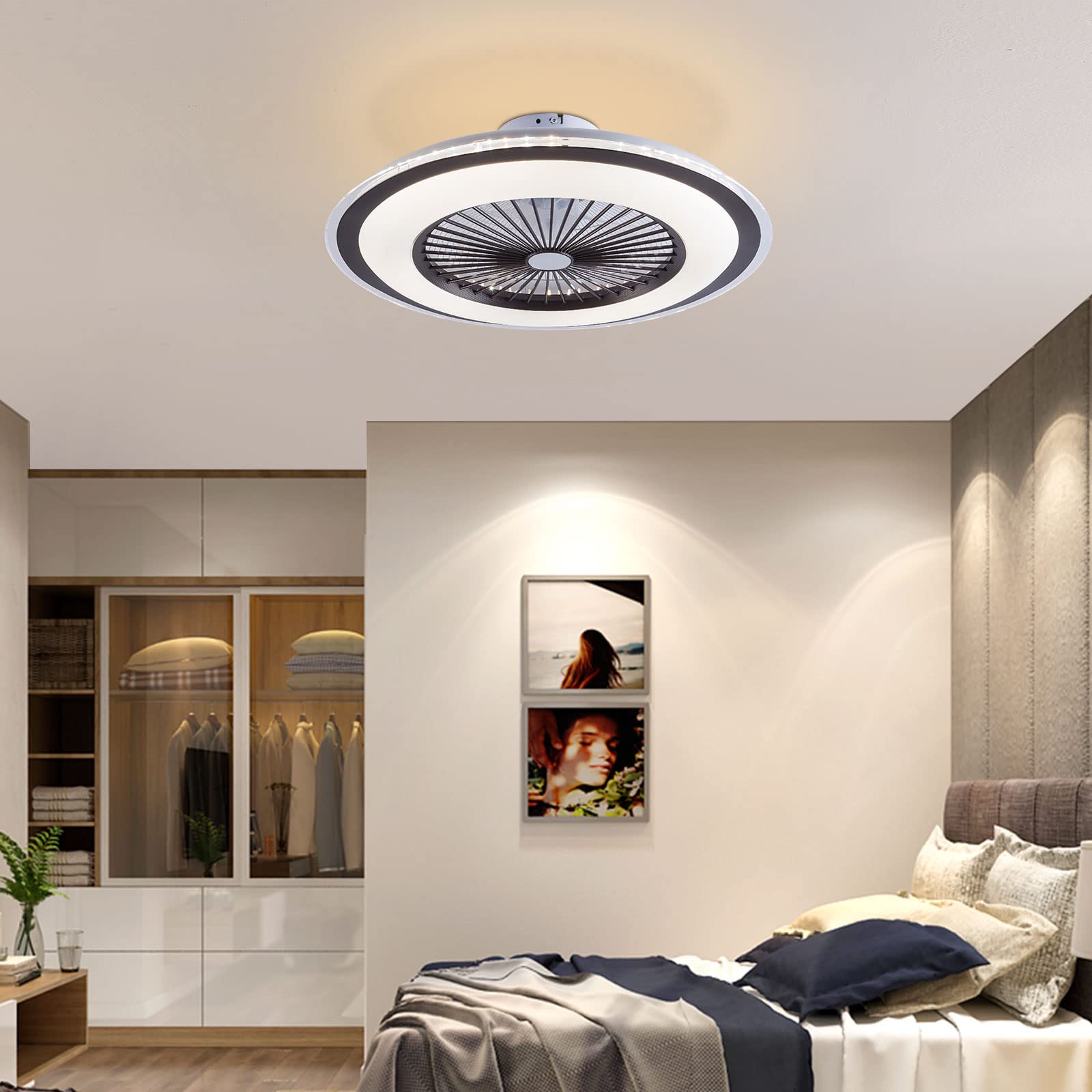 Gdrasuya10 Flush Mount Ceiling Fan with Lights Remote Control 23inch Bladeless Ceiling Fandelier Lighting SMD LED Invisible Low Profile Ceiling Fans Dimmable 3 Color 3 Speed Time Setting (Brown)