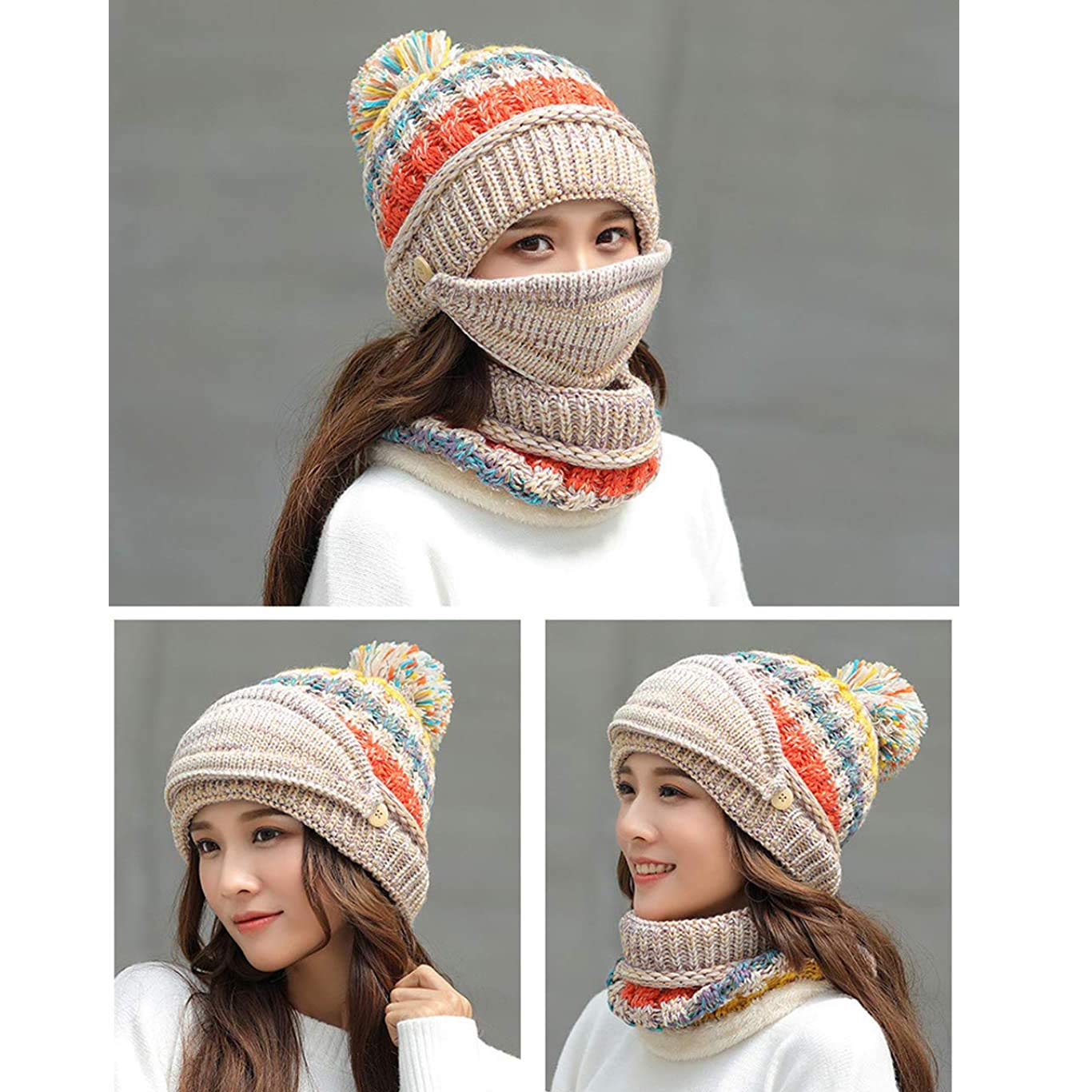 Fleece Lined Winter Hats for Women Knit Beanie Hat Scarf Mask Set Warm Soft Slouchy Skull Cap with Pom Pom… Beige