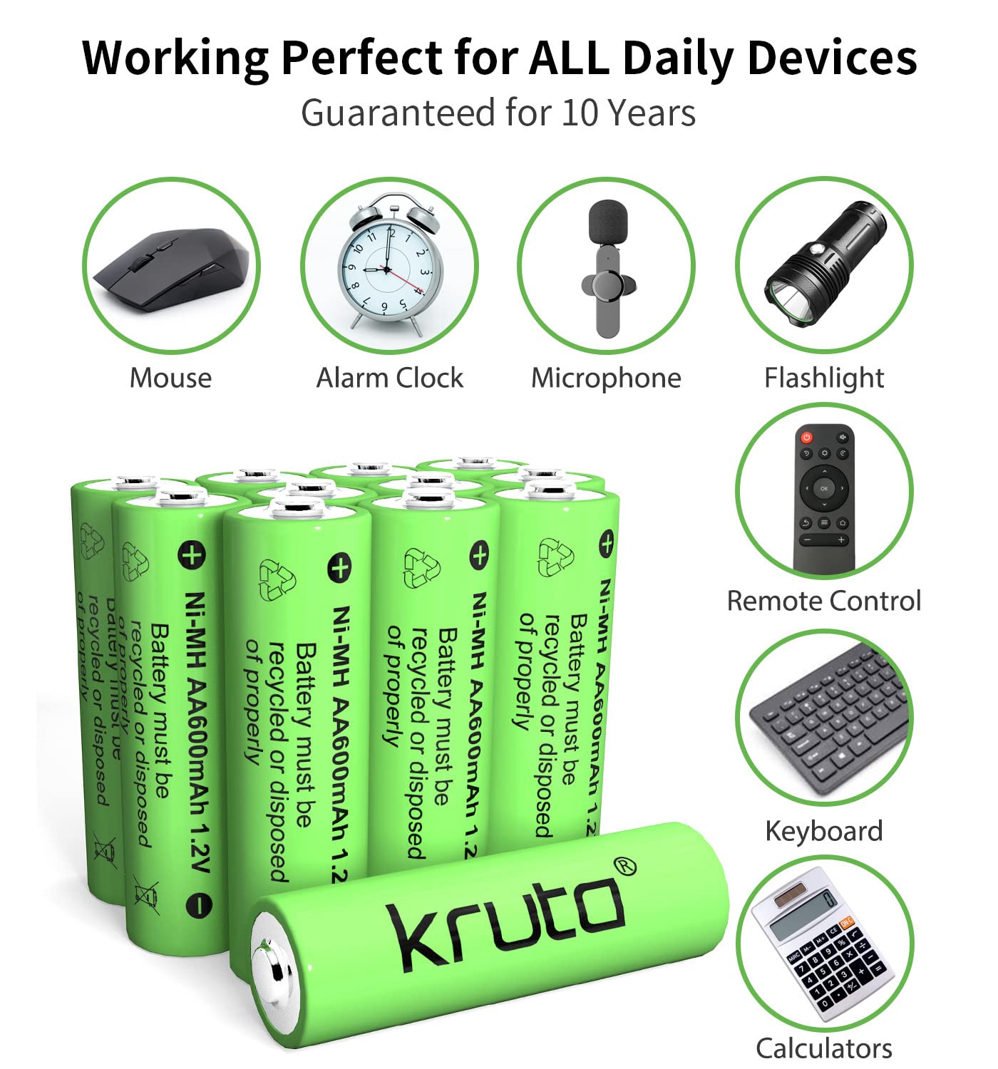 Kruta Solar AA Rechargeable Batteries NiMH 600mAh 1.2v Double A Rechargeable AA Solar Battery for Outdoor Solar Garden Lights, Remotes, Flashlight (AA Pack 12)