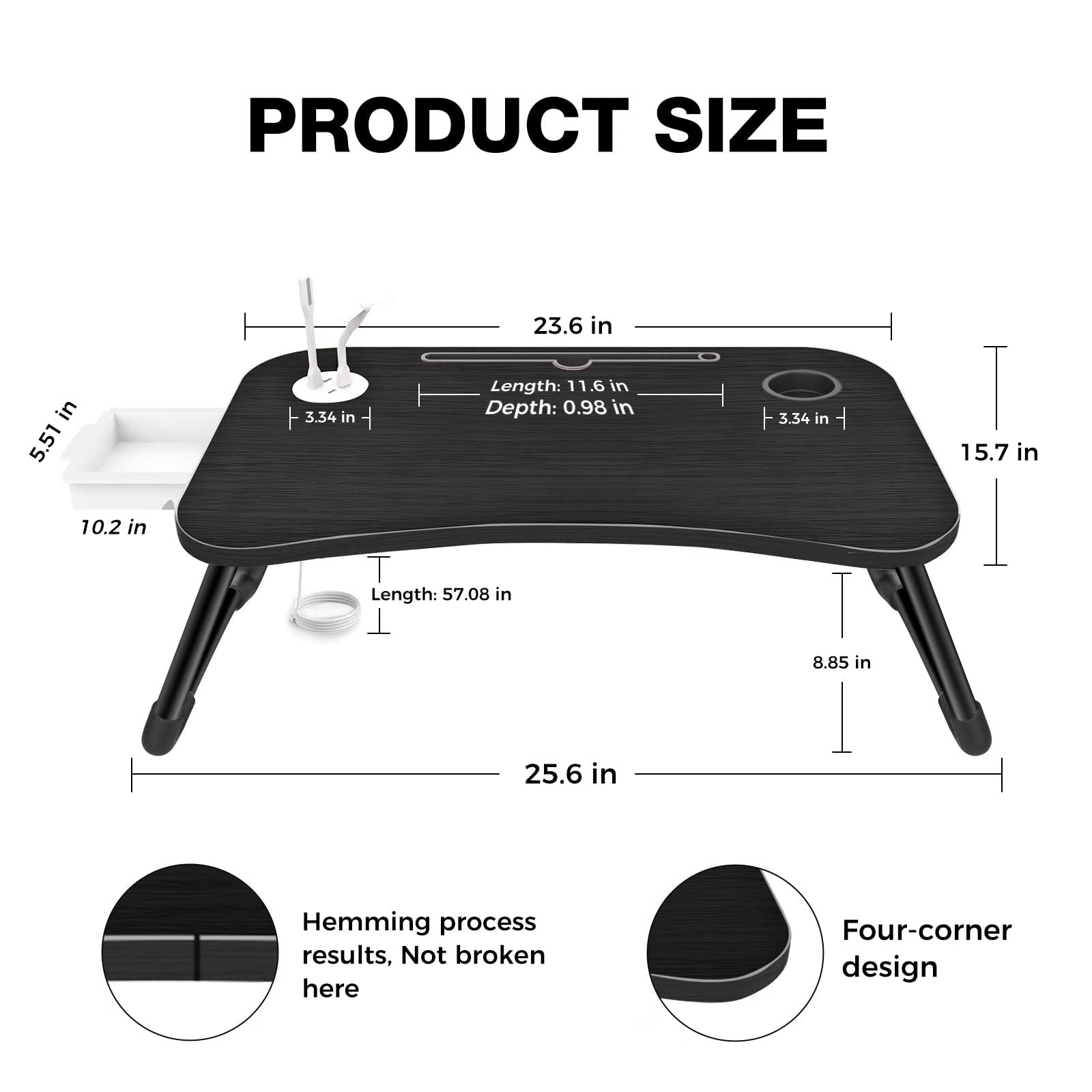HLHome Laptop Bed Desk Large Portable Foldable Laptop Table Tray Stand for Bed with USB Charge Port/Cup Holder/Storage Drawer for Working Writing Reading Eating Lapdesk On Low Sitting Floor