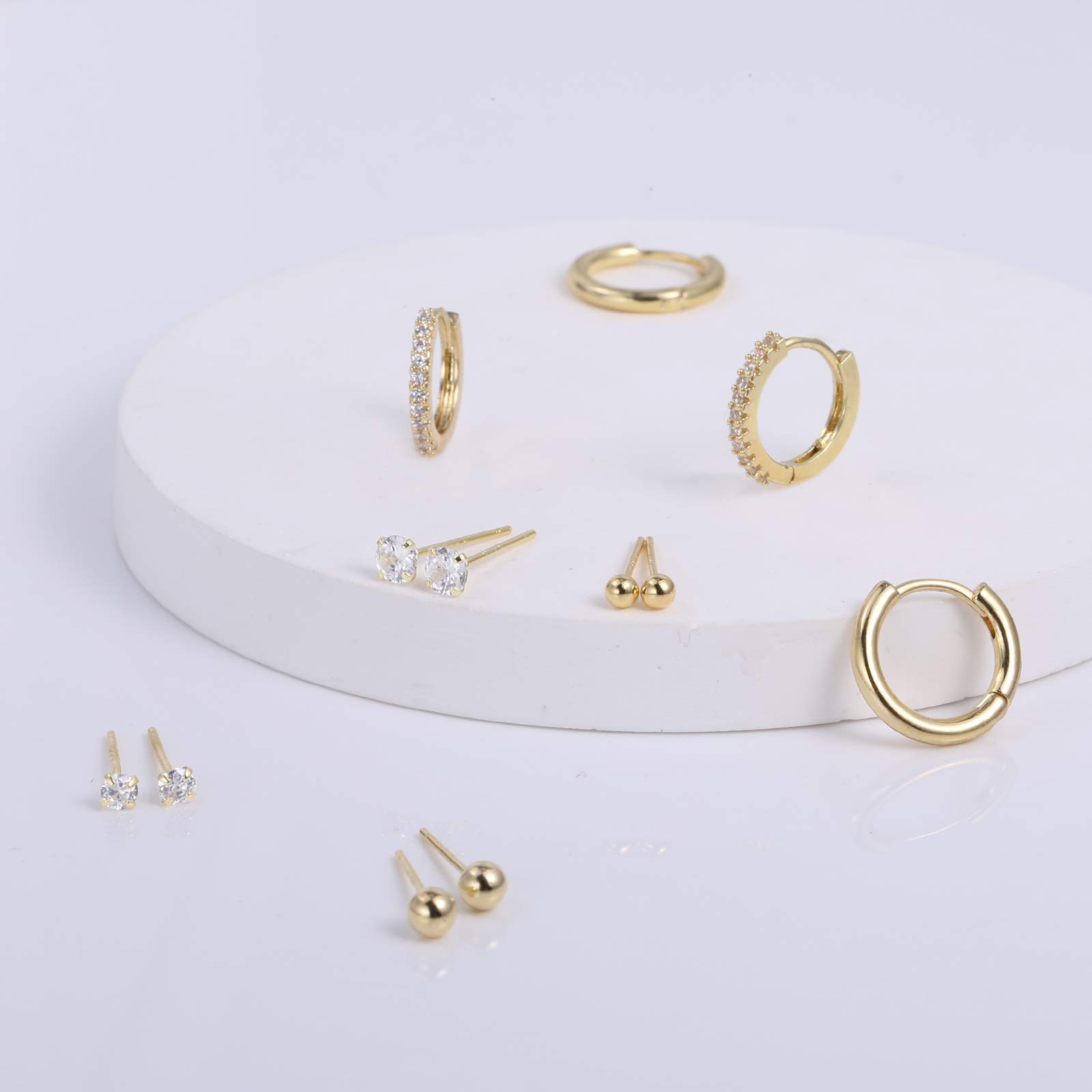 Earring Sets for Multiple Piercing | 14K Gold Plated Studs Earrings and Hoops Set Hypoallergenic Small Hoop CZ Ball Studs Earrings for Women Trendy(6 Pairs)