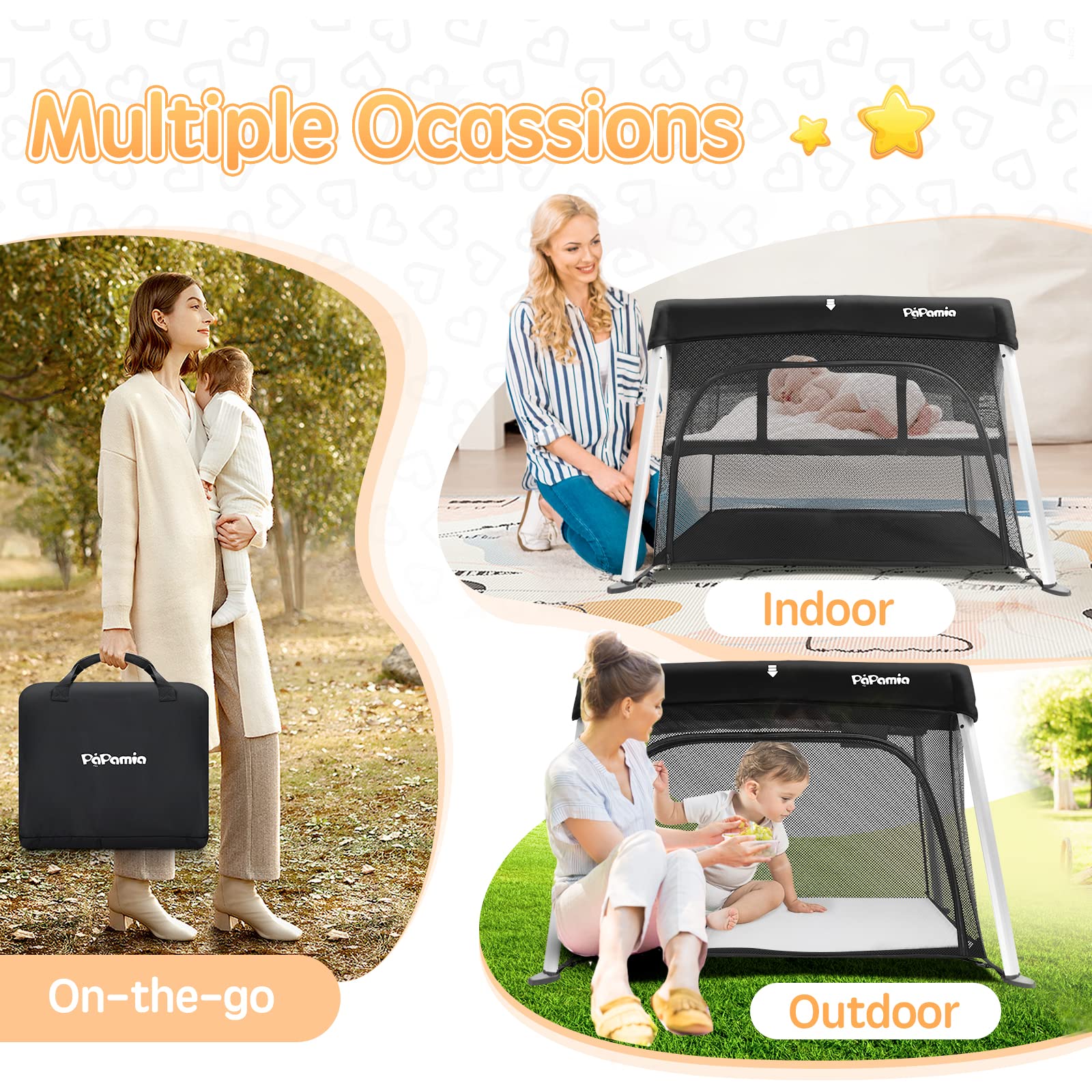 Travel Crib,PAPAMIA Light Portable Crib with Mattress | Foldable Playpen for Babies and Toddlers | Play Yard with Lightweight Handbag Design | Safety Certified