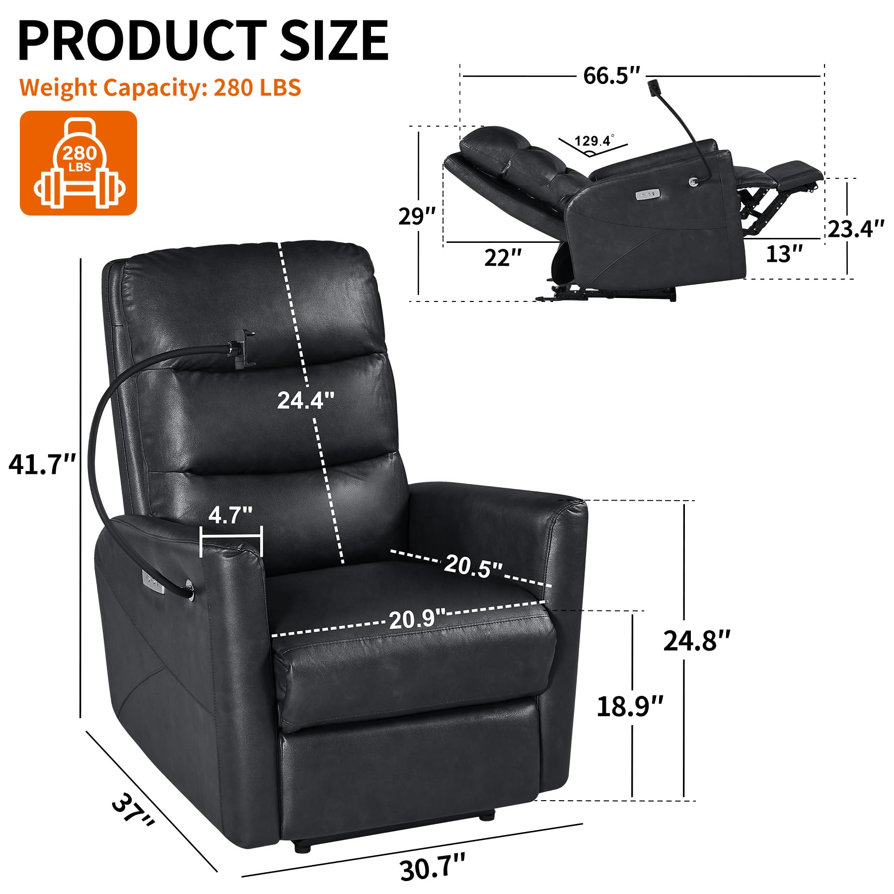 Plococo Zero Gravity Recliner Chair ZGRC001 - Power & Electric Living Room Chair with USB Port, Phone Holder, Breathable Leather - Compact & Small,Gray
