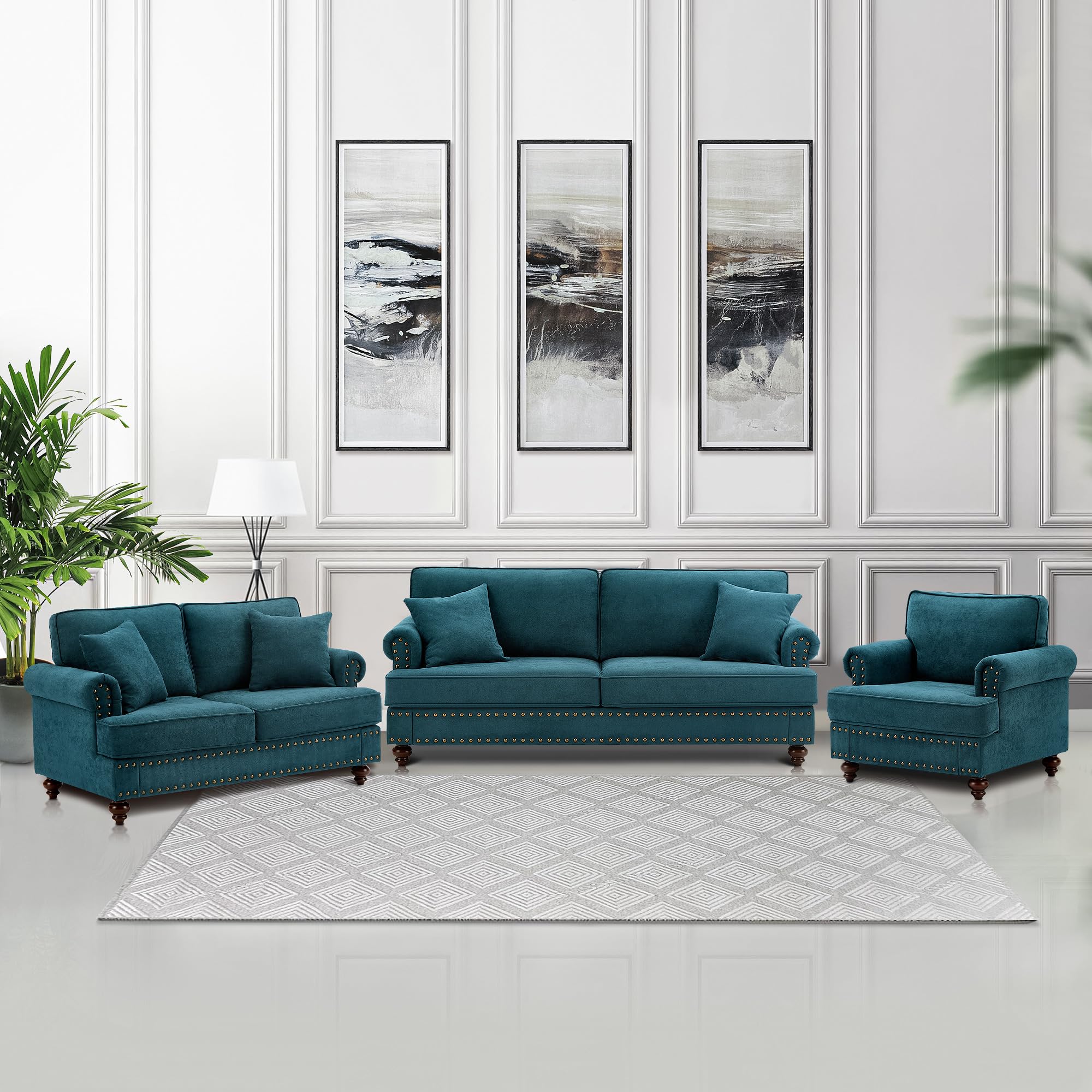 Mid Century Modern Sofa Set, Comfy Chenille Living Room Furniture Sets, Sectional Sofa and Loveseat Set Upholstered Couch Set Nailhead Trim Rolled Arms juegos de muebles de sala (White, 3 Piece)