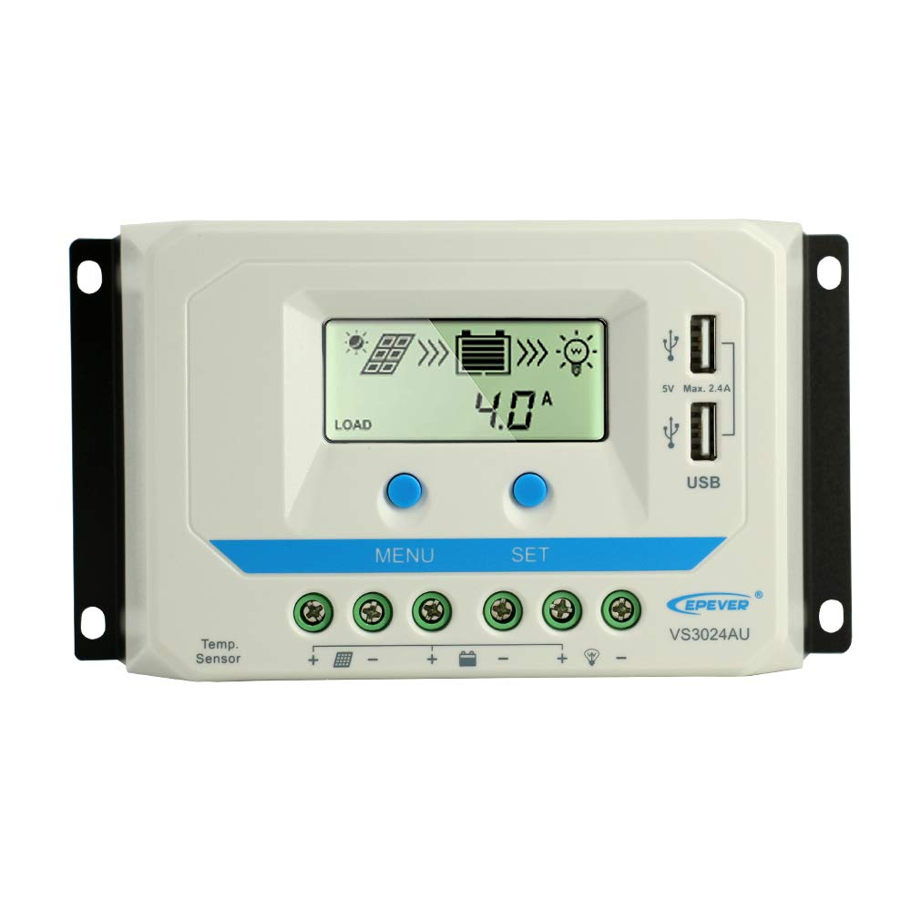 EPEVER 30A Solar Charge Controller 12V/24V Auto, Solar Charge Regulator 30 amp Max input 360W/12V/, 720W24V with LCD Display and Dual USB 5V Output, for Lead-Acid Gel Sealed Flooded Batteries(VS3024AU