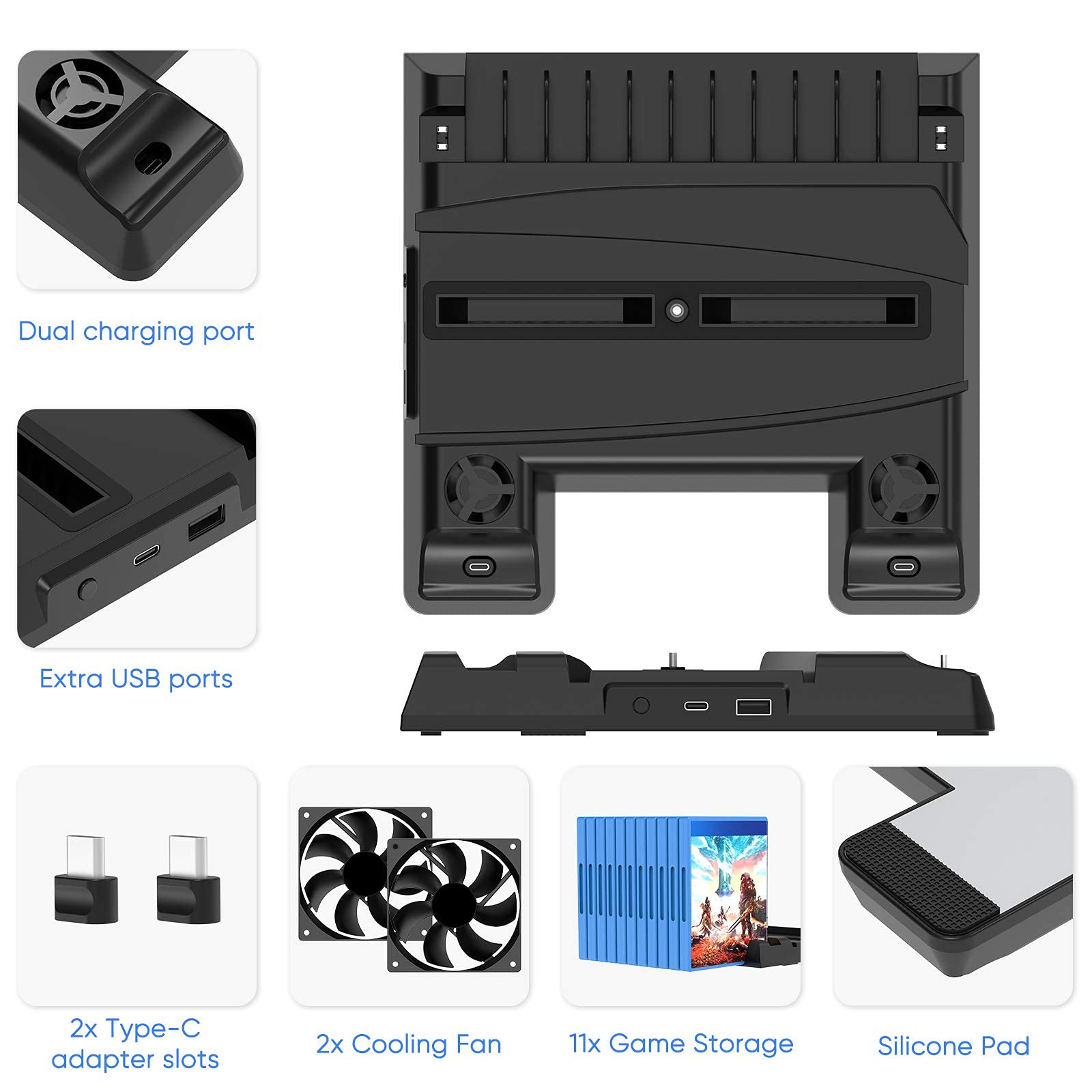 FASTSNAIL Vertical Stand with Cooling Fan&Controller Charger for PlayStation 5, Dualsense Controller Charging Station for Sony PS5/PS5 Digital Edition, Includes Extra 11PCS Video Game Organizer