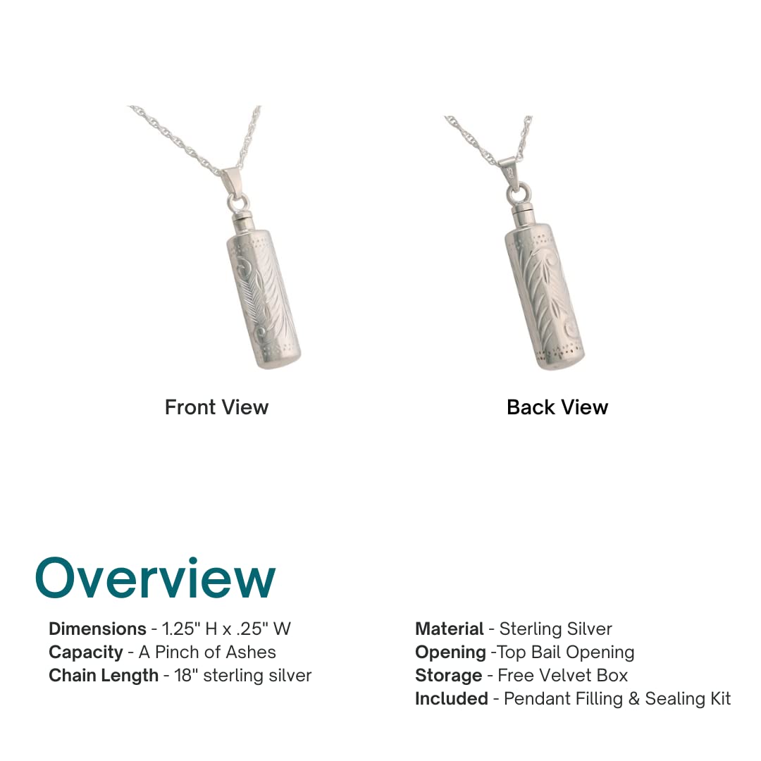Etched Cylinder Pendant and Necklace for Ashes, Sterling Silver, Cremation Jewelry for Ashes