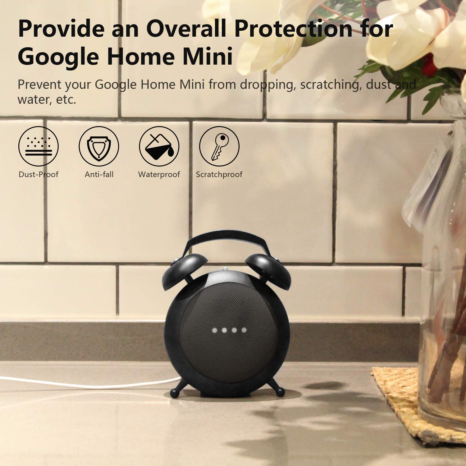 Google Home Mini Stand Holder, Retro Alarm Clock Stand Mount Base Protective Case Compatible with Google Home Mini and Nest Mini(Black)