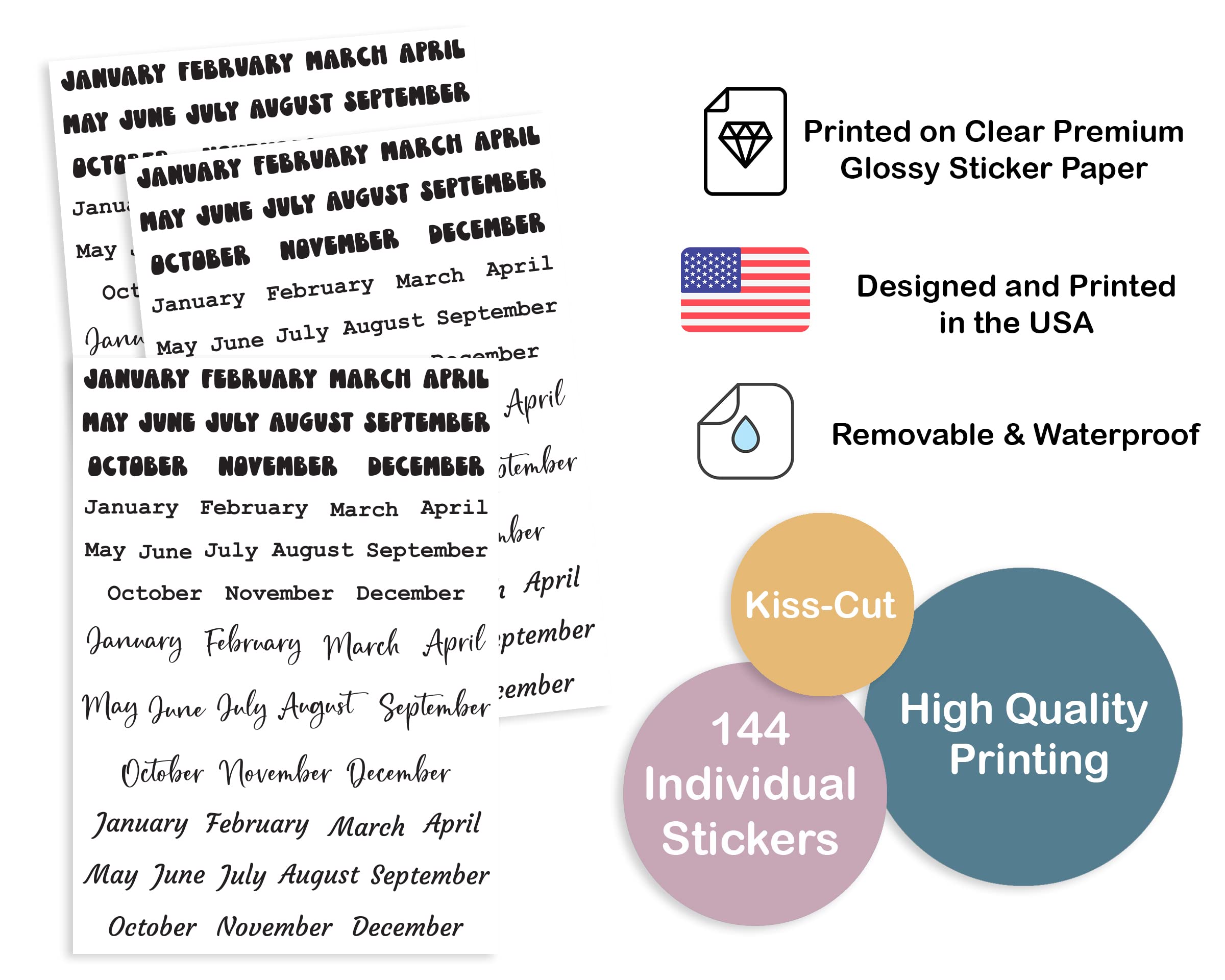 Mini Months Planner Stickers, Undated Planner, 144 Months of the Year Stickers, Decorative Planning Stickers, Clear Removable Waterproof vinyl stickers, Black Font Modern Fancy
