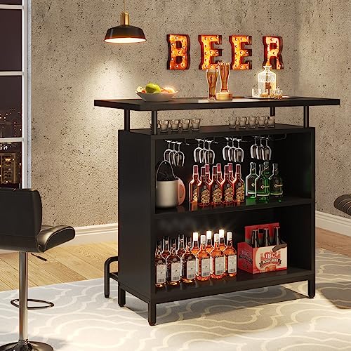 Tribesigns Home Bar Unit, 47 Inches PU Leather Bar Tables Liquor Cabinet with Wine Glasses Holder and Metal Footrest Wine Rack for Kitchen Living Room