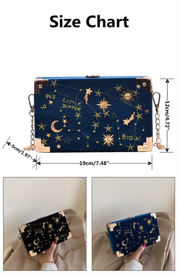 HANDAFA Elegant Velvet Clutch Handbag Star and Moon Evening Bag Chain Box Bag For Wedding Party(Black)