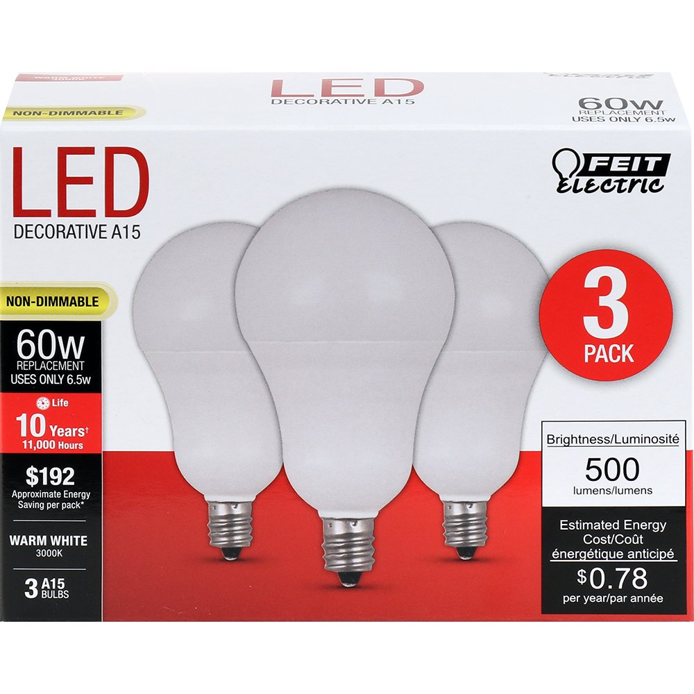Feit Electric LED A15 with a Candelabra E12 Base Light Bulb - 60W Equivalent - 10 Year Life - 500 Lumen - 3000K Warm White - Dimmable | 3-Pack