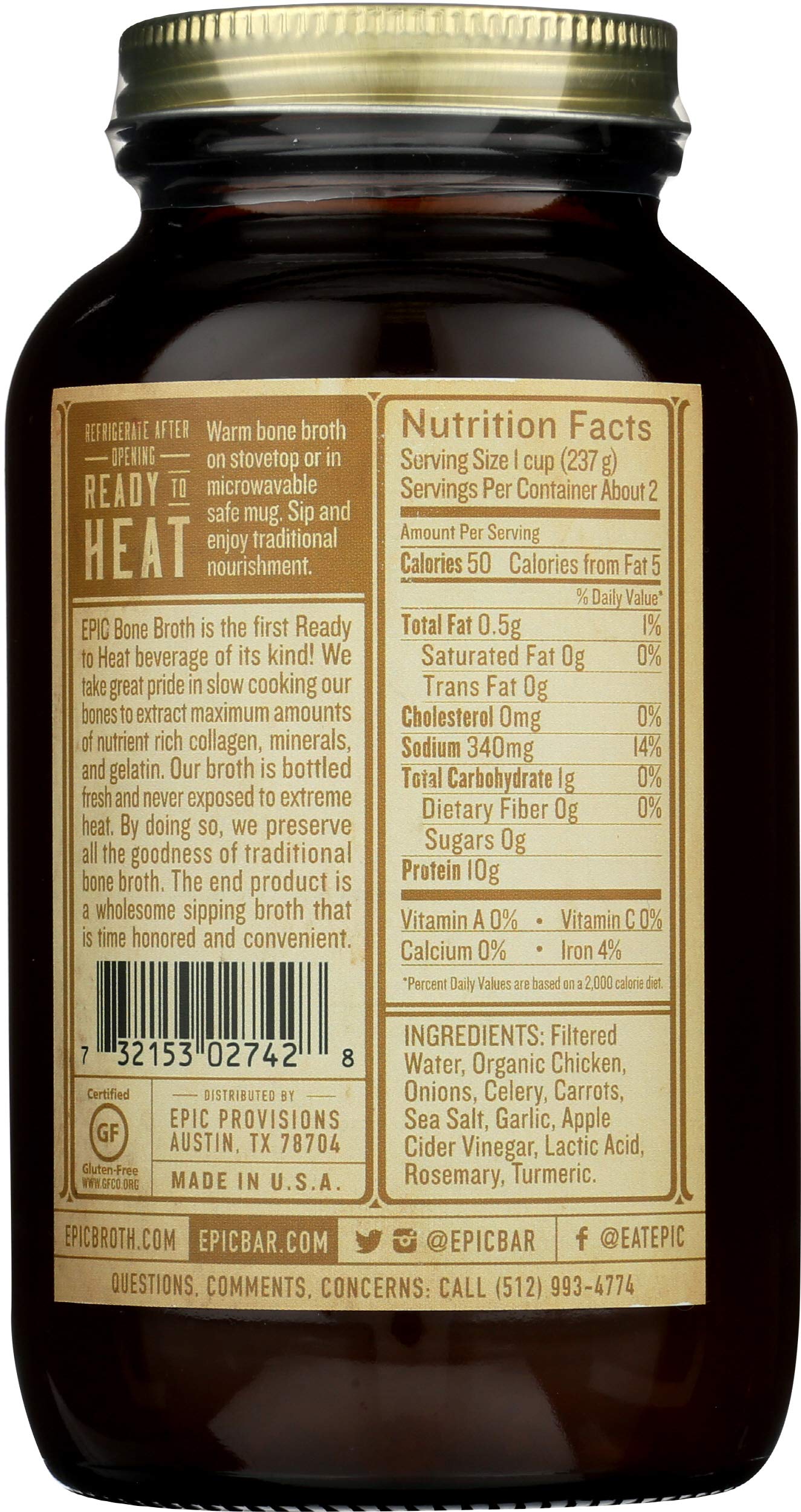 EPIC Homestyle Savory Chicken Bone Broth, Whole30, 14fl oz Jar (Pack of 6)