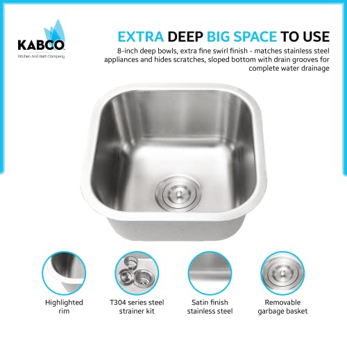 KABCO 16 Inch Square Single Bowl Stainless Steel Classic Kitchen Sink with Kitchen Sink Strainer, Garbage Basket and Sink Grid, 18 Gauge Undermount Rust Resistant Sound and Heatproof Swirl Finish Sink