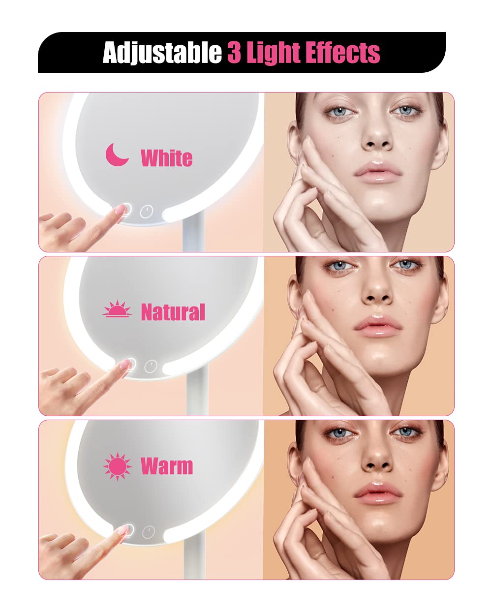 EASEHOLD Rechargeable Lighted Makeup Mirror, Desk Vanity Mirror with 56 LED Lights, 3 Lighting Modes Dimmable 180 Degree Rotation Touch Screen, Light Up Mirror for Travel, Portable Cosmetic Mirror