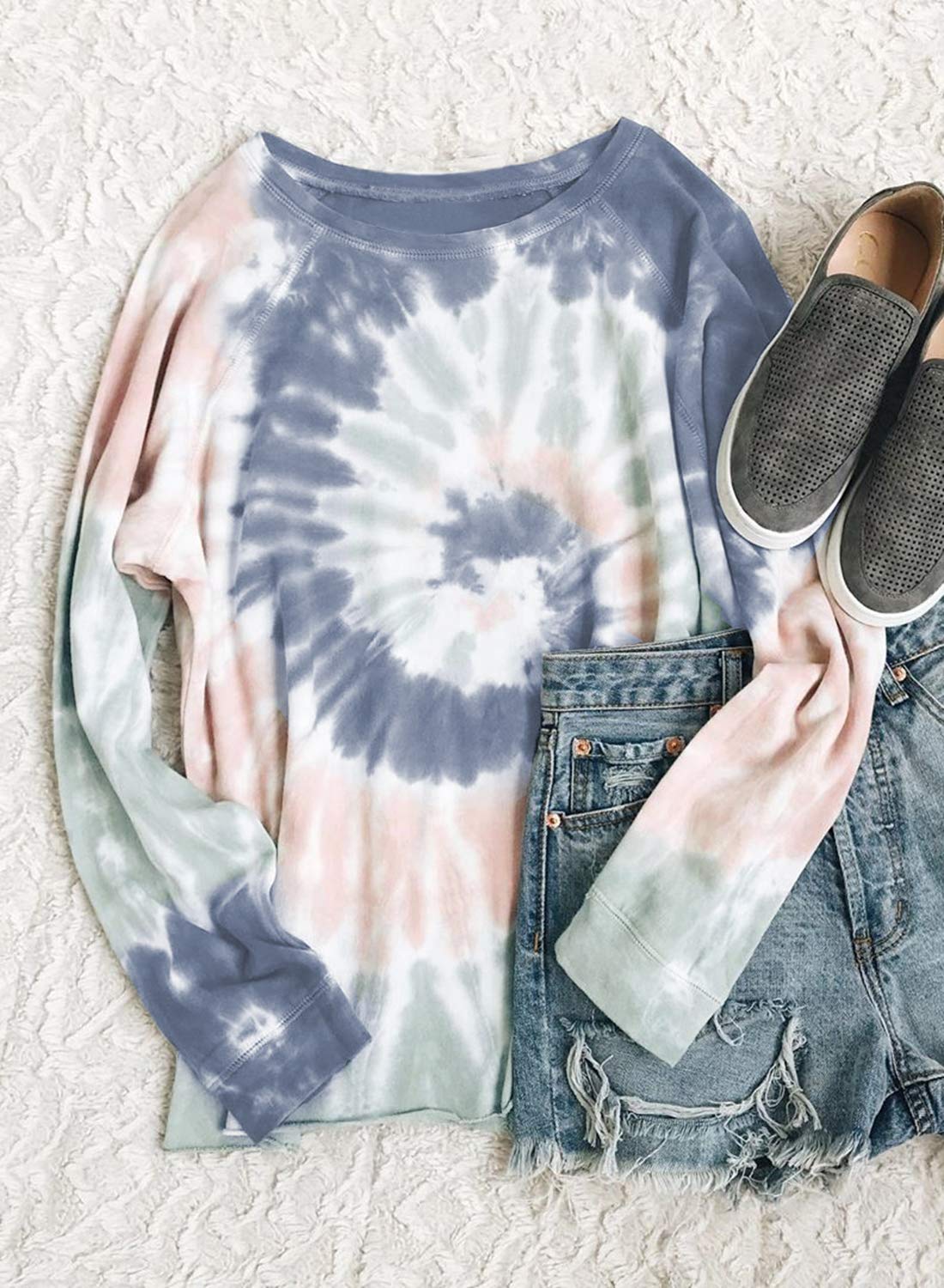 FARYSAYS Women's Casual Color Block Tie Dye Crewneck Long Sleeve Loose Pullover Sweatshirt Tops Multicolored Small