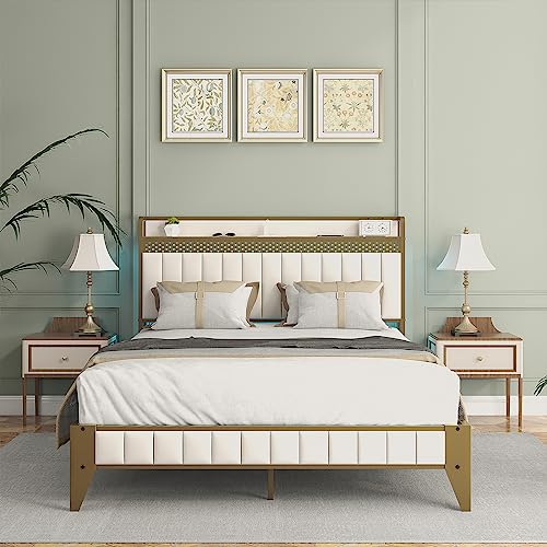 Saudism LED Bed Frame with Charging Station, King Size Bed Frame with Headboard Storage, Sturdy and Durable, No Box Spring Needed, Gold+Beige