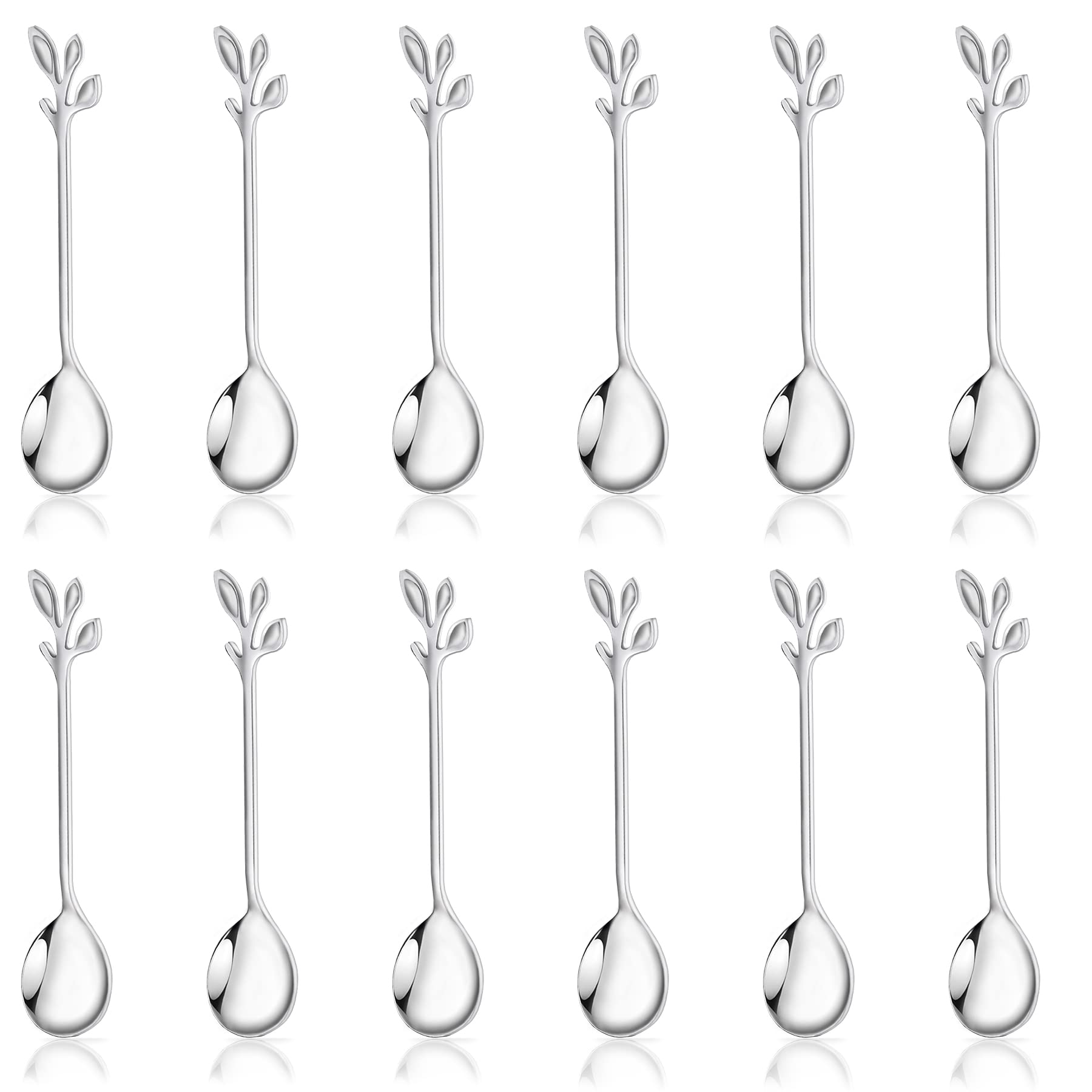 IFeico Mini Coffee Spoons, Food Grade Stainless Steel Tea Spoons, 4.7 inch Silver Leaf Dessert Spoons for Home, Kitchen Tableware, Demitasse Espresso Spoons, Dishwasher Safe, Set of 12