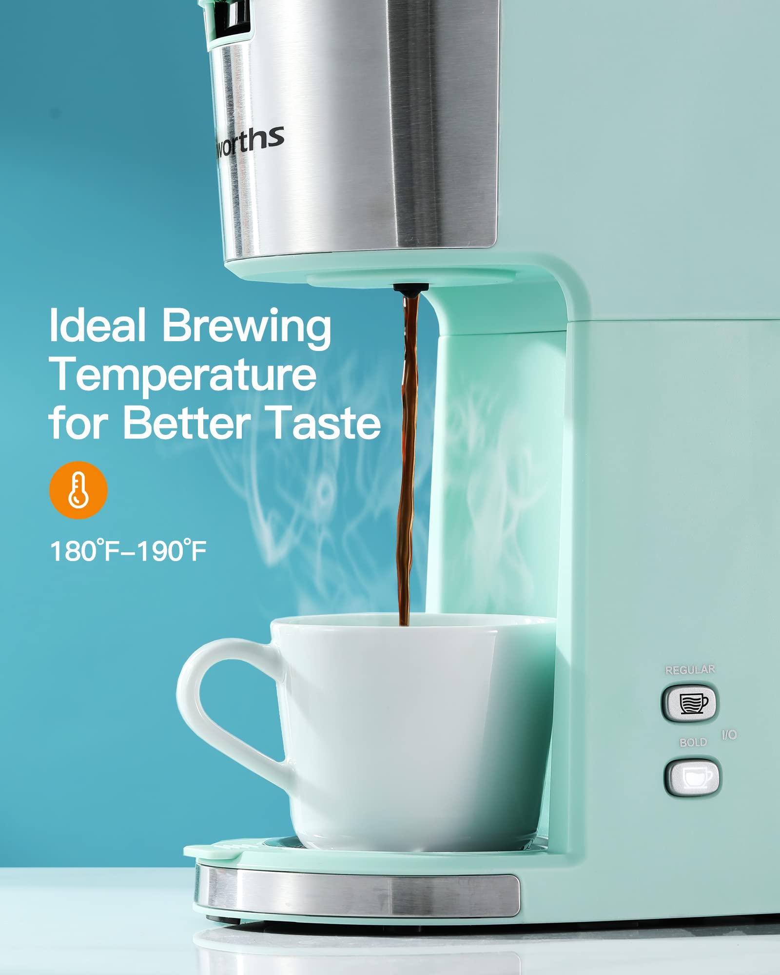 Famiworths Single Serve Coffee Maker for K Cup & Ground Coffee, With Bold Brew, One Cup Coffee Maker, 6 to 14 oz. Brew Sizes, Fits Travel Mug, Fresh Green