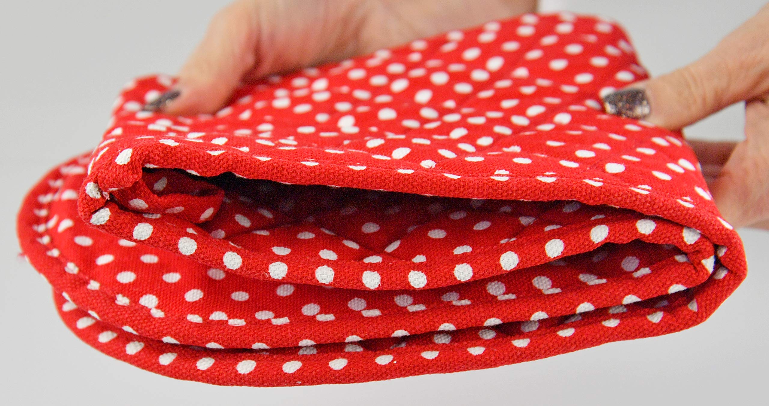 Home-X Red Polk Dot Double Oven Mitt for Cooking and Serving, Heat Resistant, Extra Long Potholder, Oven Gloves to Protect Hands and Arms, Machine Washable -32”L