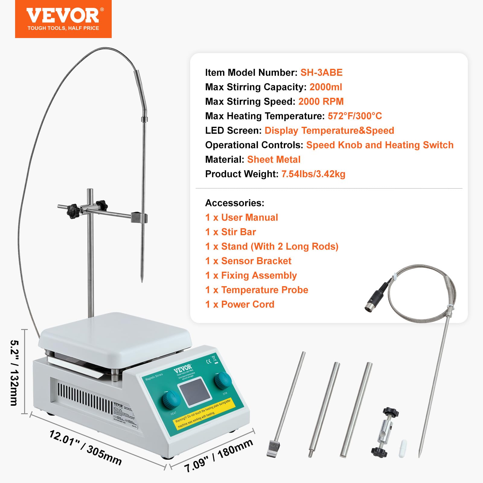 VEVOR Magnetic Stirrer Hot Plate, 5L Capacity Ceramic Coated Hotplate Lab Stirrer 200-2000RPM 608°F/320°C Max Temp Digital Magnetic Stirrer with Temp Probe Sensor and Stirring Bar
