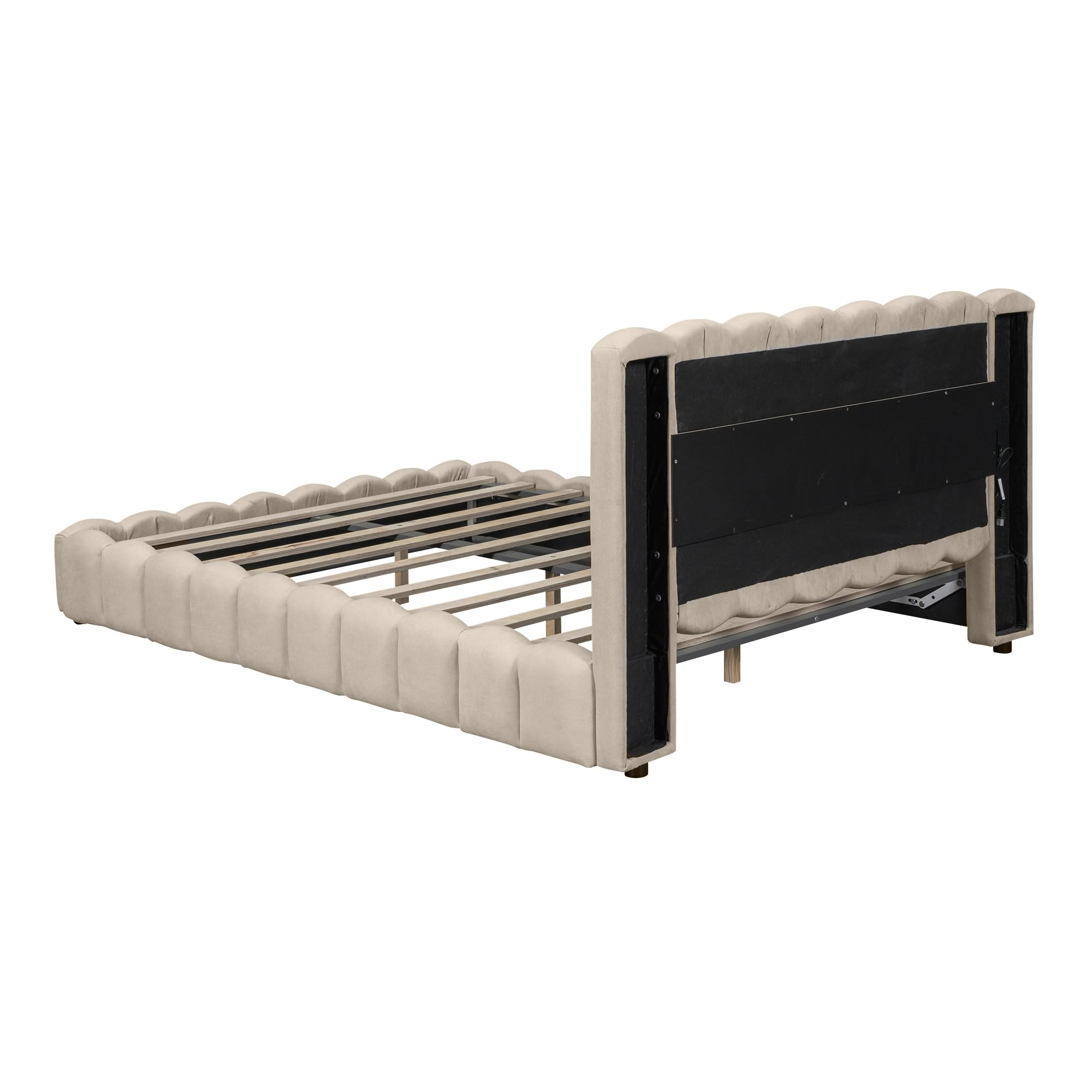 DOLPRNE Queen Size Bed Frame,Modern Upholstered Platform Bed with LED Headboard and USB,Velvet Tufted Headboard,No Box Spring Needed,Beige