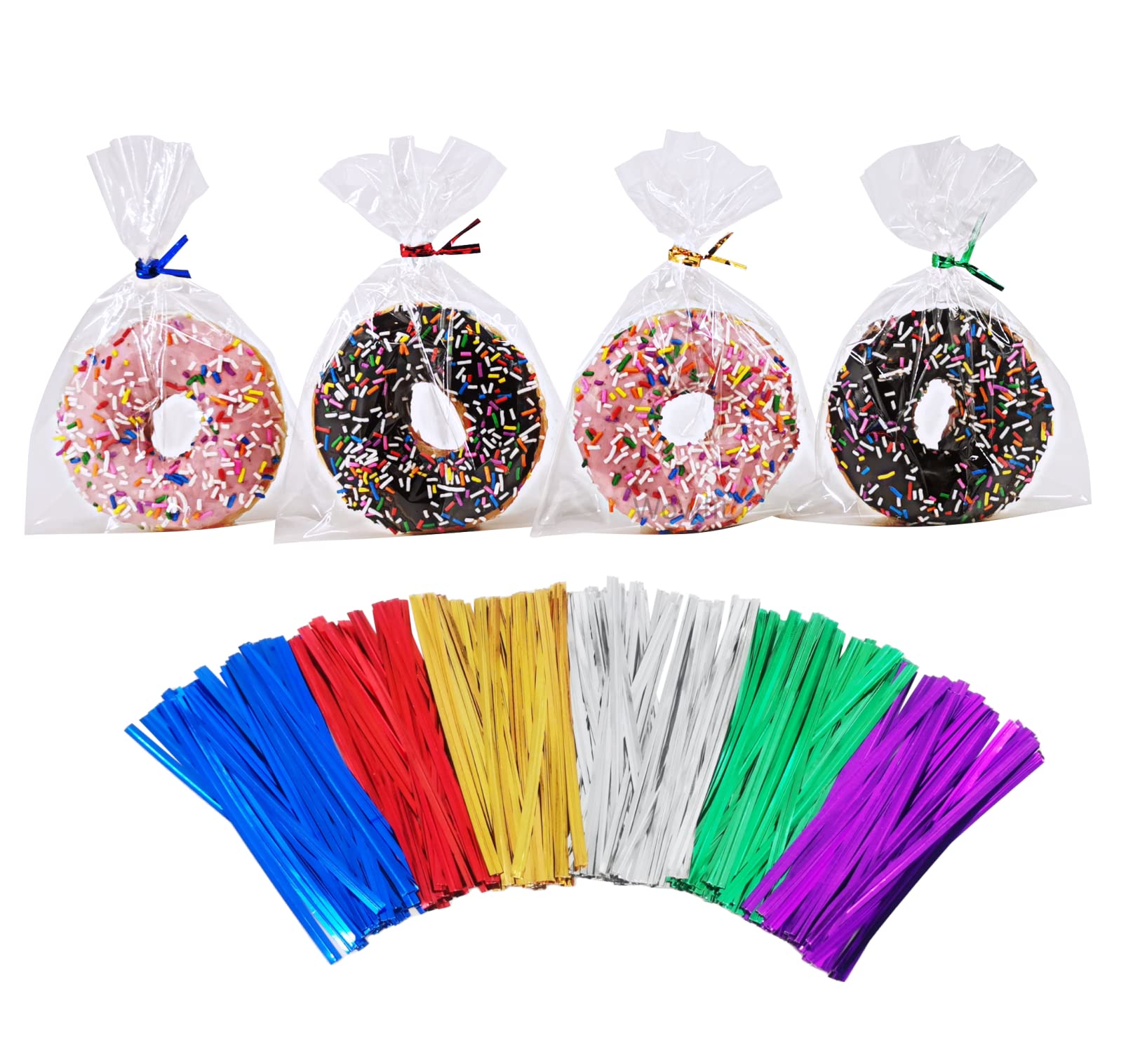 Wowfit 200 CT 4x6 Inch Clear Flat Cellophane Treat Bags with 6 Colors 4" Twist Ties, Cello Packaging for Gift Wrapping, Decorations, and Food Storage