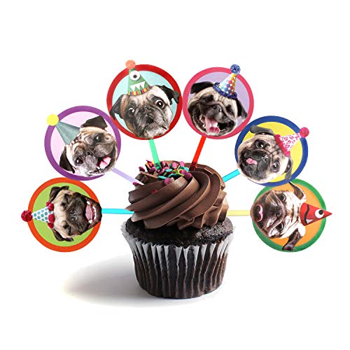 Pugs Cupcake Toppers, set of 6 different birthday dogs party decorations, printed both sides