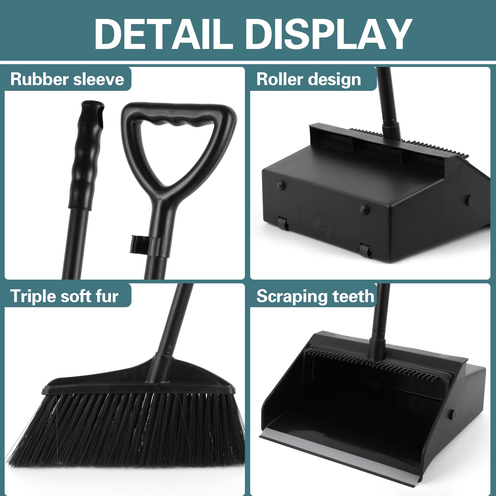 SB Broom with Dustpan Combo Set for Office, Indoor&Outdoor Sweeping,Broom and Dustpan Set,Large Size and Stiff Broom Dust pan with Long Handle,Stand Up Broom and Dustpan,Rectangular, Angular