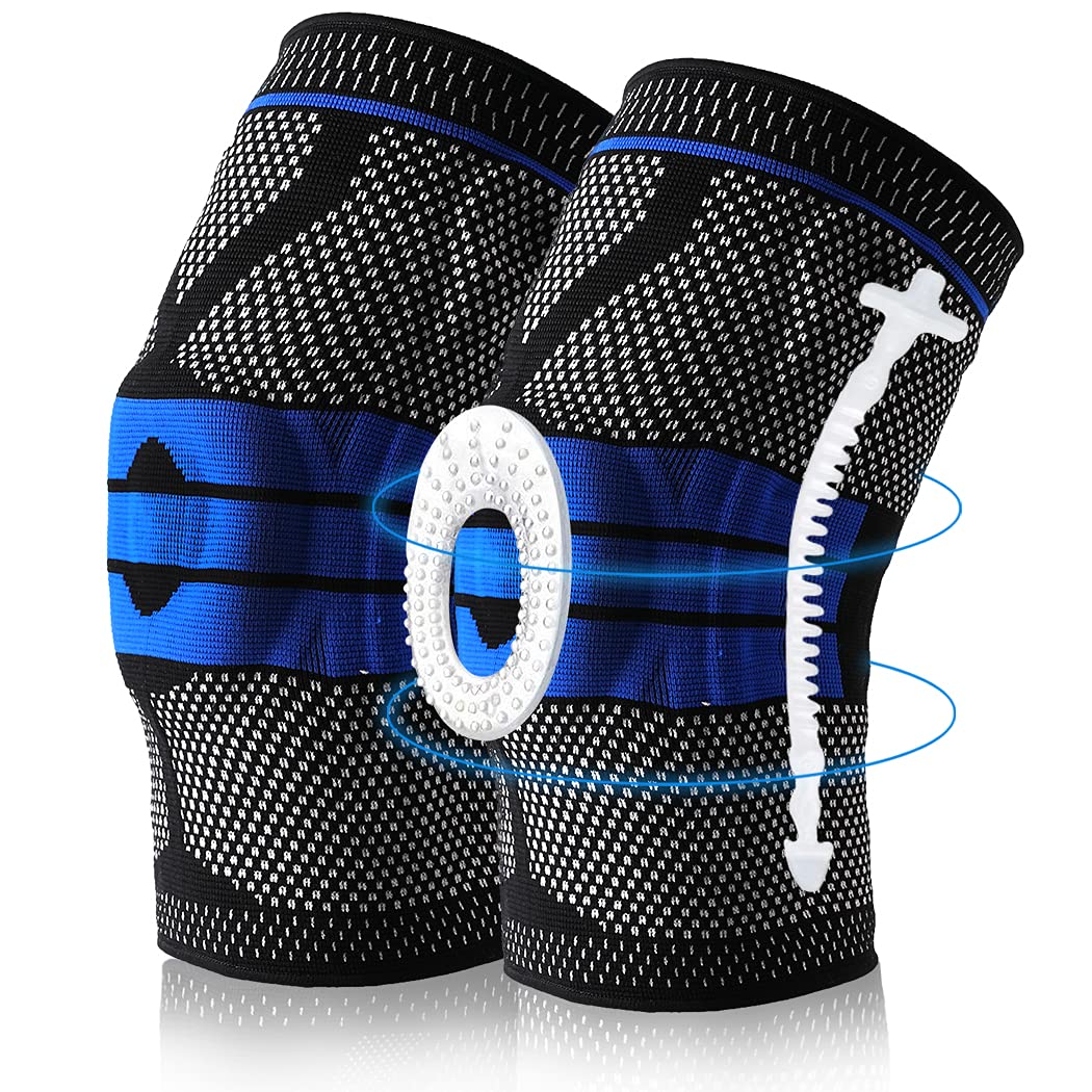 EOYEA Knee Brace Compression Sleeve for Knee Pain, Knee Brace Wraps Stabilizer with Silicone Gel & Spring Support, Knee Protector for Meniscus Tear Running for Men Women 2 pack (Blue,X-Large)