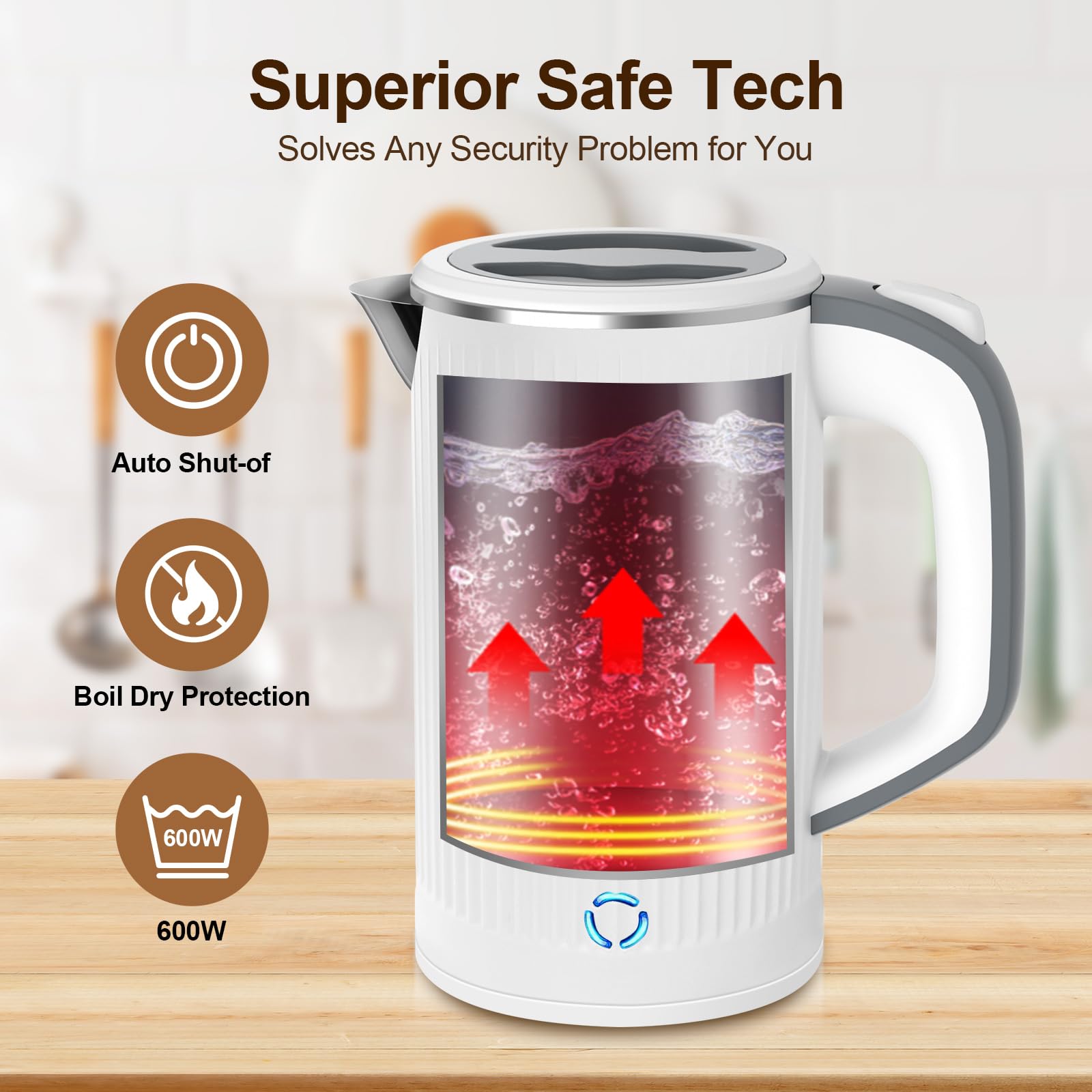 EVATEK Small Electric Kettle, 600W Mini Portable Tea Kettle, Travel Stainless Steel Interior Hot Water Boiler, Auto Shut-Off & No Base, Gift for Camping, Office, Student Dormitory