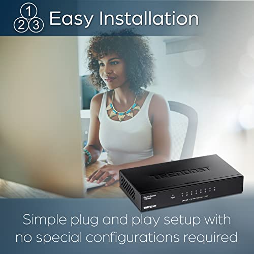 TRENDnet 8-Port Gigabit Desktop Switch, TEG-S83, 8 x Gigabit RJ-45 Ports, Ethernet Splitter, 16Gbps Switching Capacity, Fanless Design, Metal Enclosure, Lifetime Protection, Black