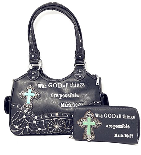 Western Style Embroidery Scripture Women Rhinestone Cross Bible Cover Book Case Crossbody Handbag Wallet in 5 Colors (Black Set)