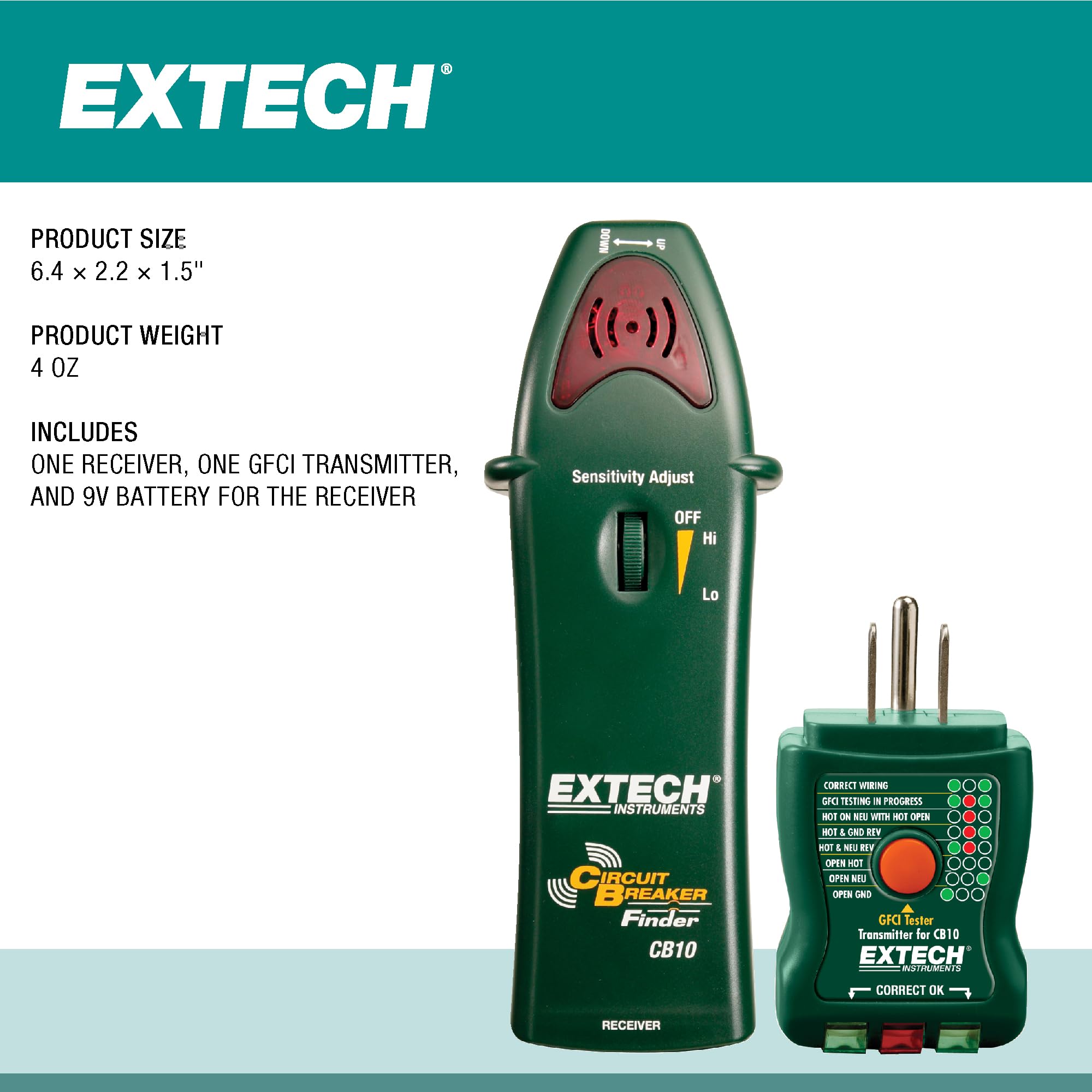 Extech - 1218G94EA - CB10 Circuit Breaker Finder, Locates fuses/breakers, Tests receptacles and GFCI circuits, Green,Red