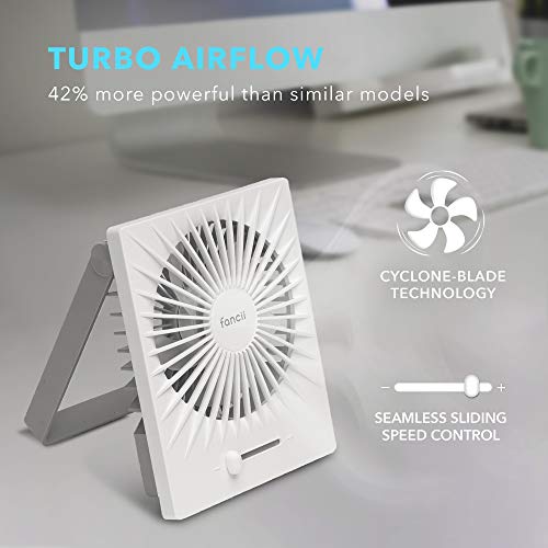Fancii Portable Personal Desk Fan, Rechargeable Small USB Table Fan with Turbo Airflow, Whisper Quiet, Adjustable Stand - For Office or Travel (Brisé)