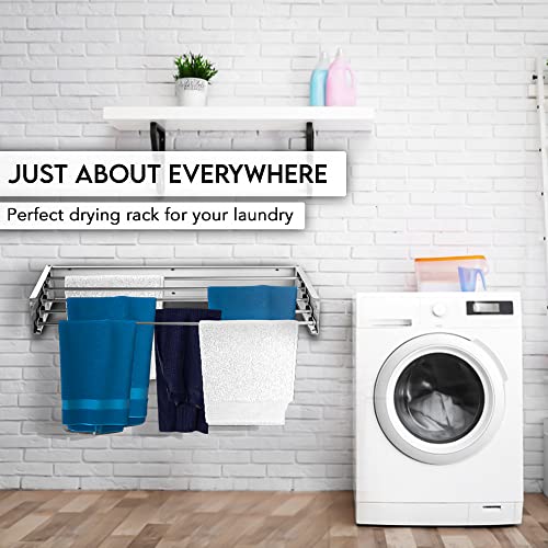 SCAR EMPIRE Space Saver Wall Mounted Drying Rack Holds 60 lbs Capacity - Stainless Steel Laundry Drying Rack Foldable - Sweater, Towel, Clothes Drying Rack Wall Mounted for Indoor & Outdoor (White)