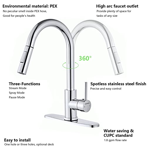 KSUCBOHAR Kitchen Faucets with Pull Down Sprayer,Single Handle High Arc Kitchen Sink Pull Out Faucet with Deck Plate,Commercial Modern Stainless Steel rv Kitchen Faucet,Glossy