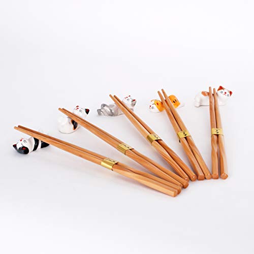 Japanese Traditional Chopsticks Set with Cute Kitten Cats Chopsticks Rest 5 Matching Pair Assorted Colors Chopsticks Set Dining Table Starter Kit Beautiful Gift Item Nicely Packaged (Cats)