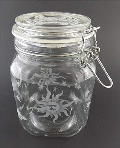 IncisoArt Hand Etched Glass Jar Airtight Canister Sandblasted (Sand Carved) Handmade Engraved Locking Wire Clamp Lid (Sun Moon Stars Planets, 38 Ounce)