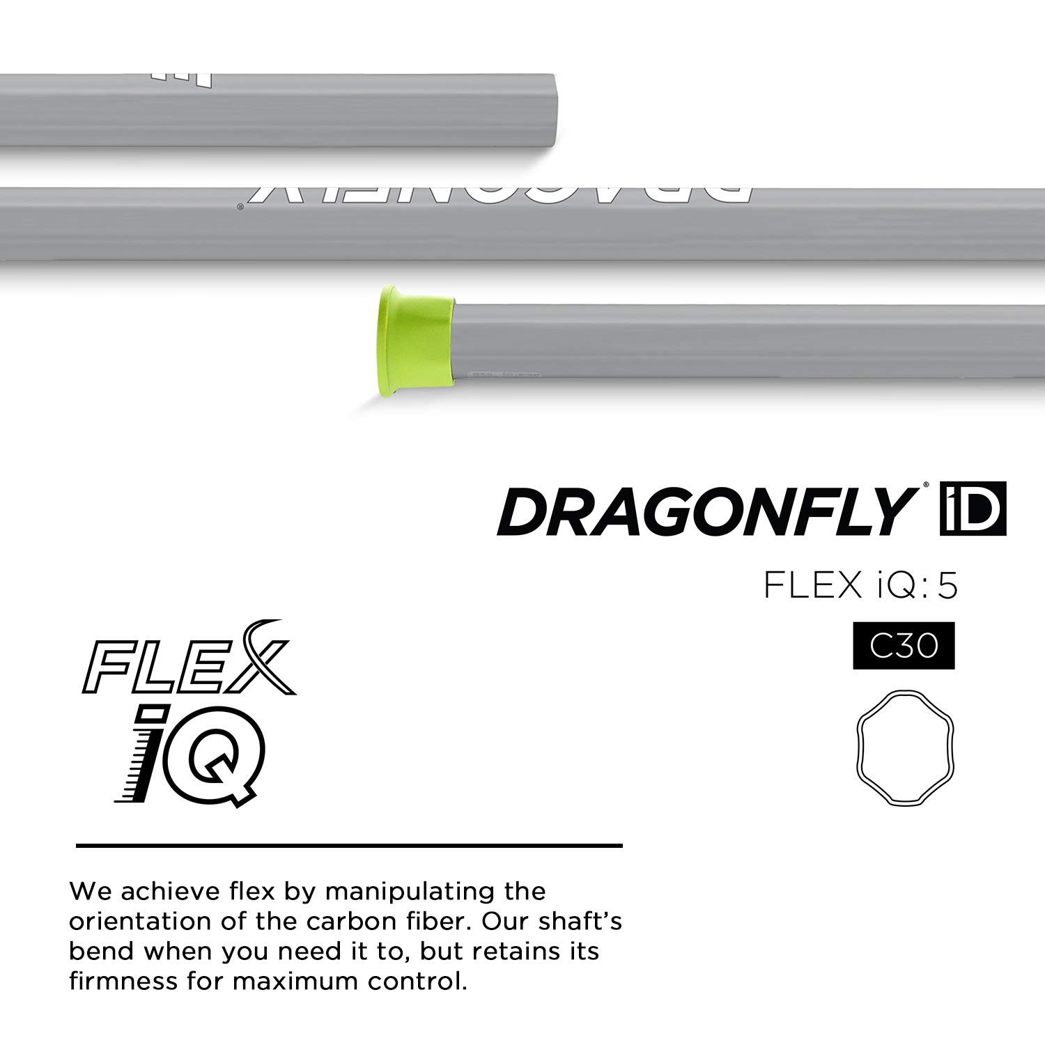 Epoch Dragonfly iD Lacrosse Shaft for Attack/Midfield, 30", Mid-Flex iQ5, Slip Grip Topcoat, C30, Grey