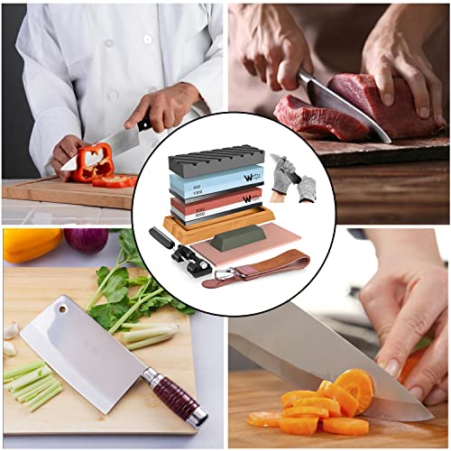 Whetstone Knife Sharpener - 400/1000 3000/8000 Grit Wet Stone Knife sharpening kit for knives chisel with Non-slip Rubber Base Angle Guide Flattening Leather Strop Cut Resistant Gloves