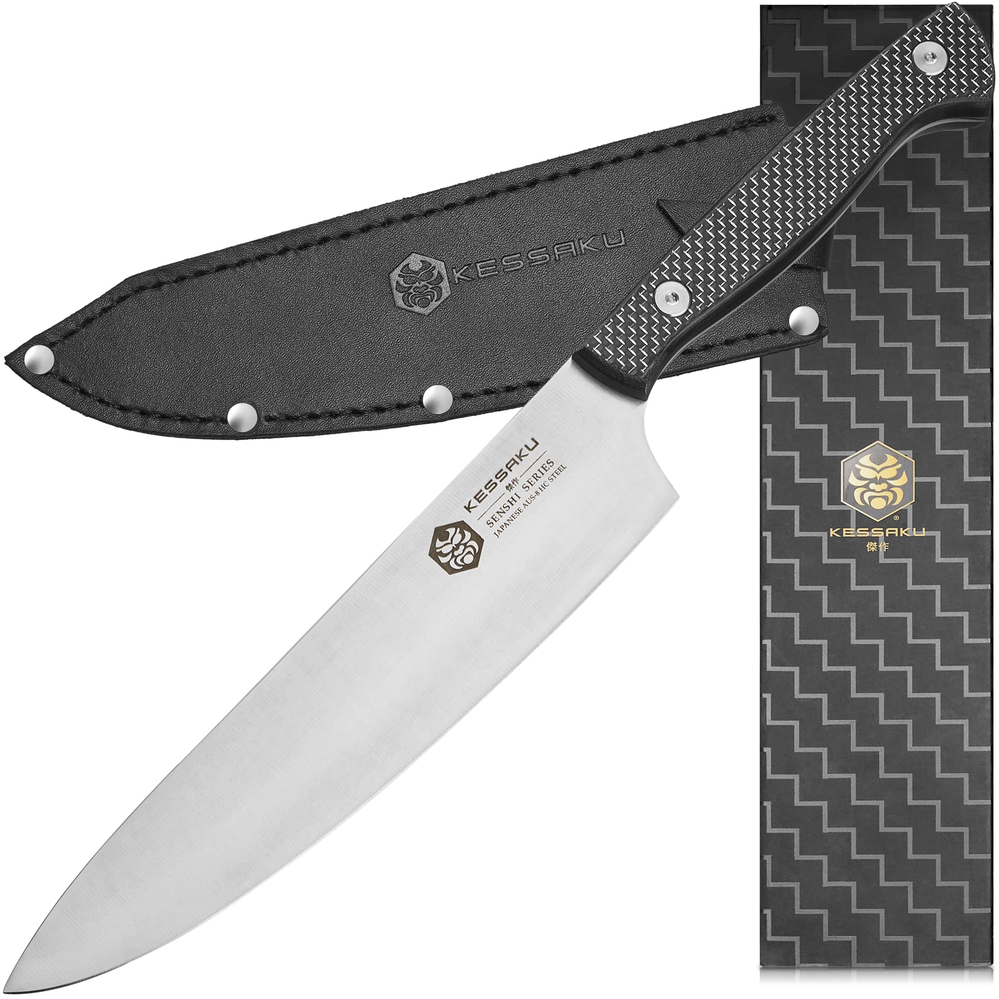 KESSAKU 8-Inch Chef Knife - Senshi Series - Forged Japanese AUS-8 High Carbon Stainless Steel - Carbon Fiber G10 Handle with Sheath