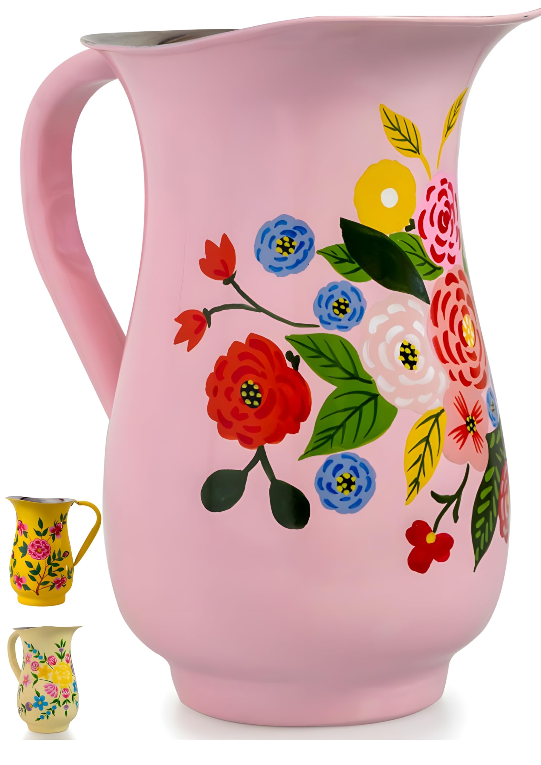 Hand Painted Stainless Steel Water Pitcher - Large Metal Water Jug, for Cold Drinks, Floral Design Beverage Carafe for Entertaining & Home Decor. 8β height, 1 Quart Decorative Vase. (Pink)