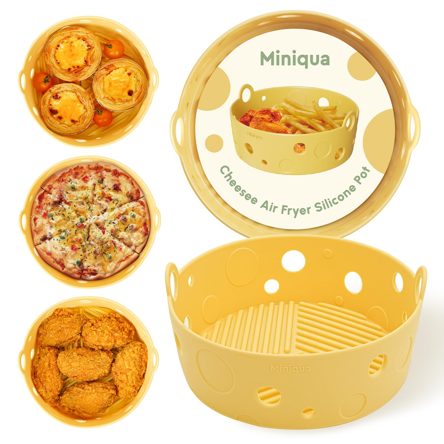 Miniqua Air Fryer Silicone Liners, Reusable Silicone Air Fryer Basket Bowl for 3-5 QT, Food-Grade Silicone Round Air Fryer Liners, Non-stick Silicone Pot Accessories, Yellow(6.8in)