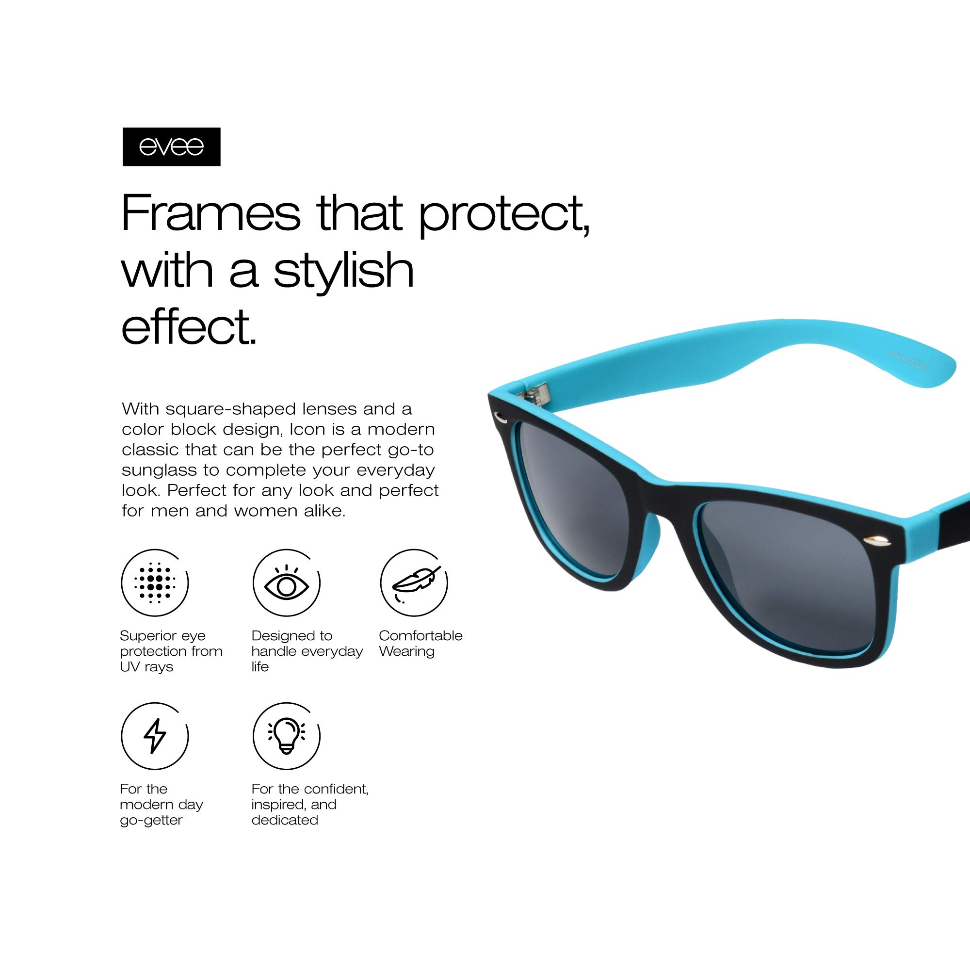 EVEE Unisex Iconic RUBBERIZED BLUE/BLACK UNISEX SQUARE POLARIZED SUNGLASSES + EVEE LIMITED EDITION CASE + MICROFIBER CLEANING CLOTH (E-ICPPBLGY) (Blue, GREY)