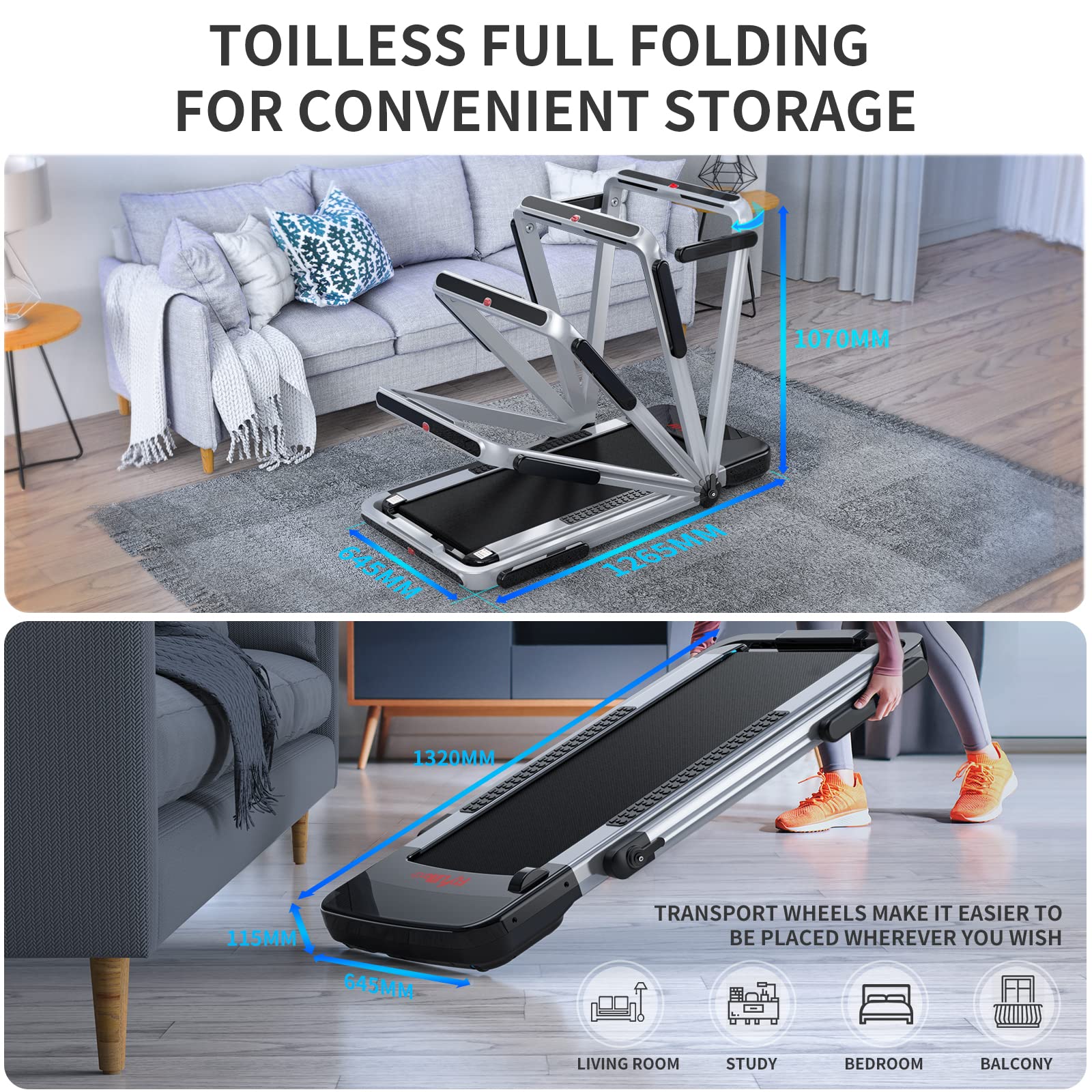 FLYLINKTECH 2 in 1 Foldable Treadmill, 2.25HP Electric Under Desk Treadmill with App & Remote Control, Led Display, 12 Preset Programs, Installation-Free Portable Treadmill for Home (Silver)